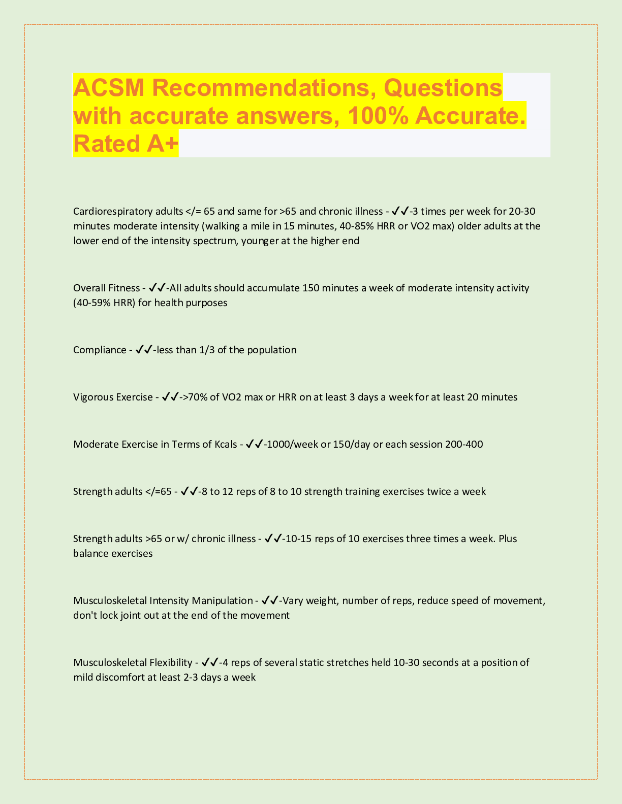 ACSM Recommendations, Questions with accurate answers, 100% Accurate ...
