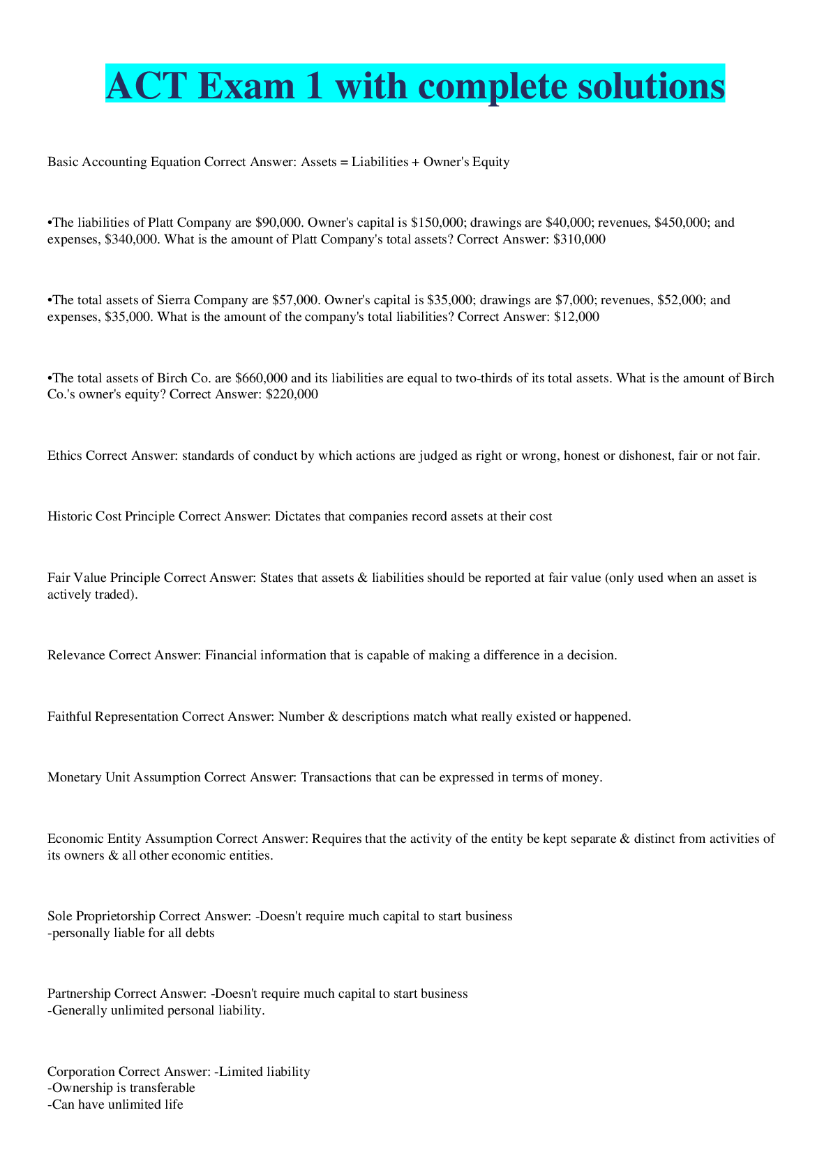 ACT Exam 1 with complete solutions - Scholarfriends