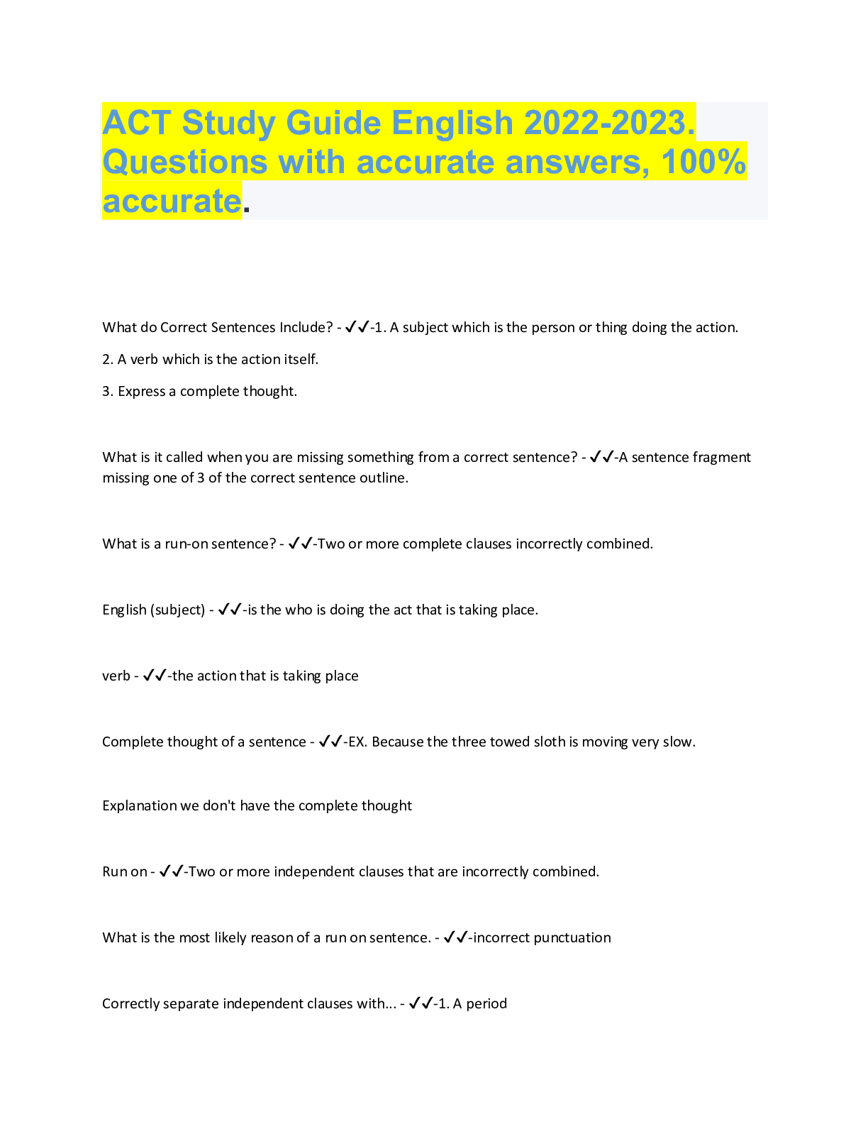 ACT Study Guide English 2022-2023. Questions with accurate answers, 100 ...