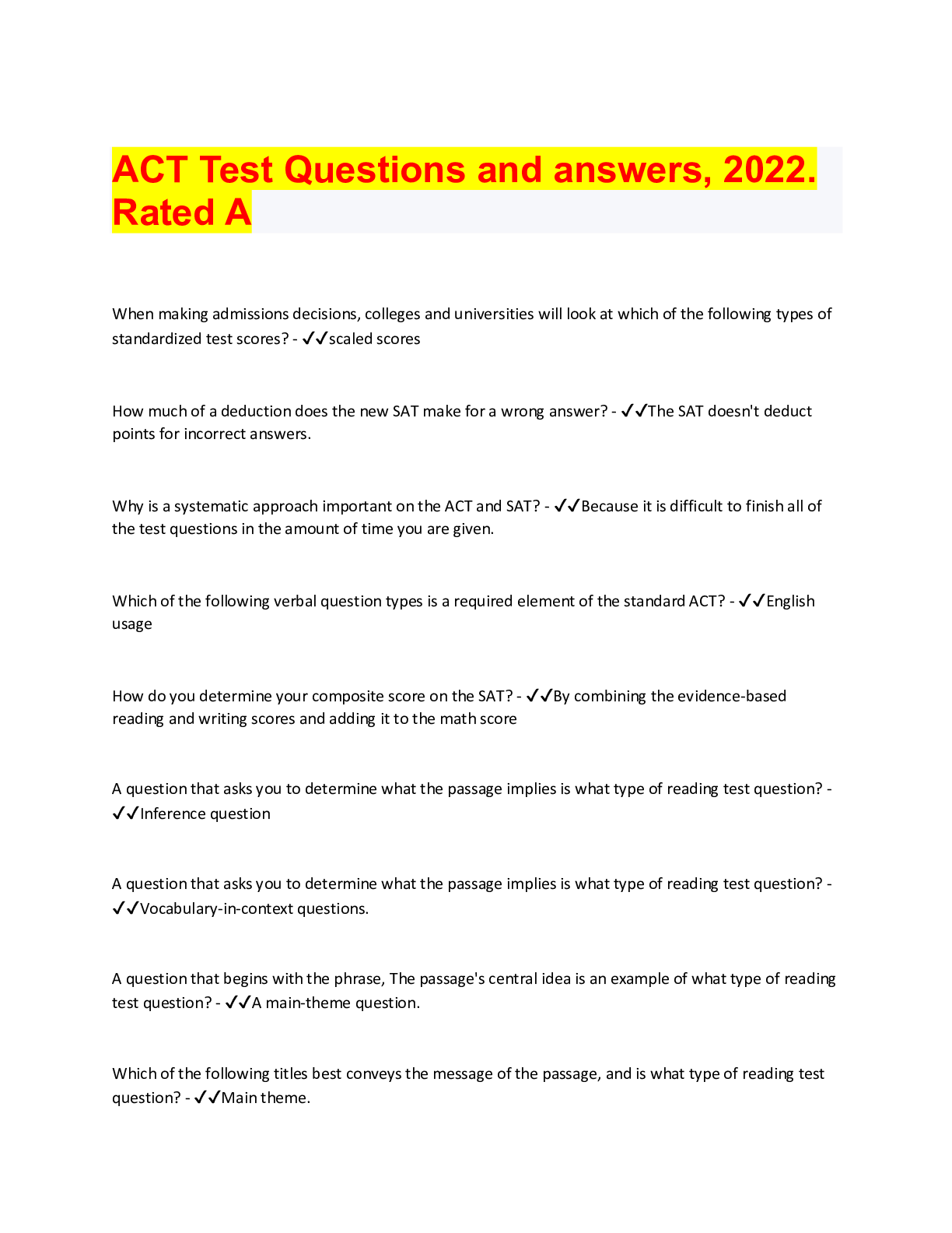 ACT Test Questions and answers, 2022. Rated A – Scholarfriends ...