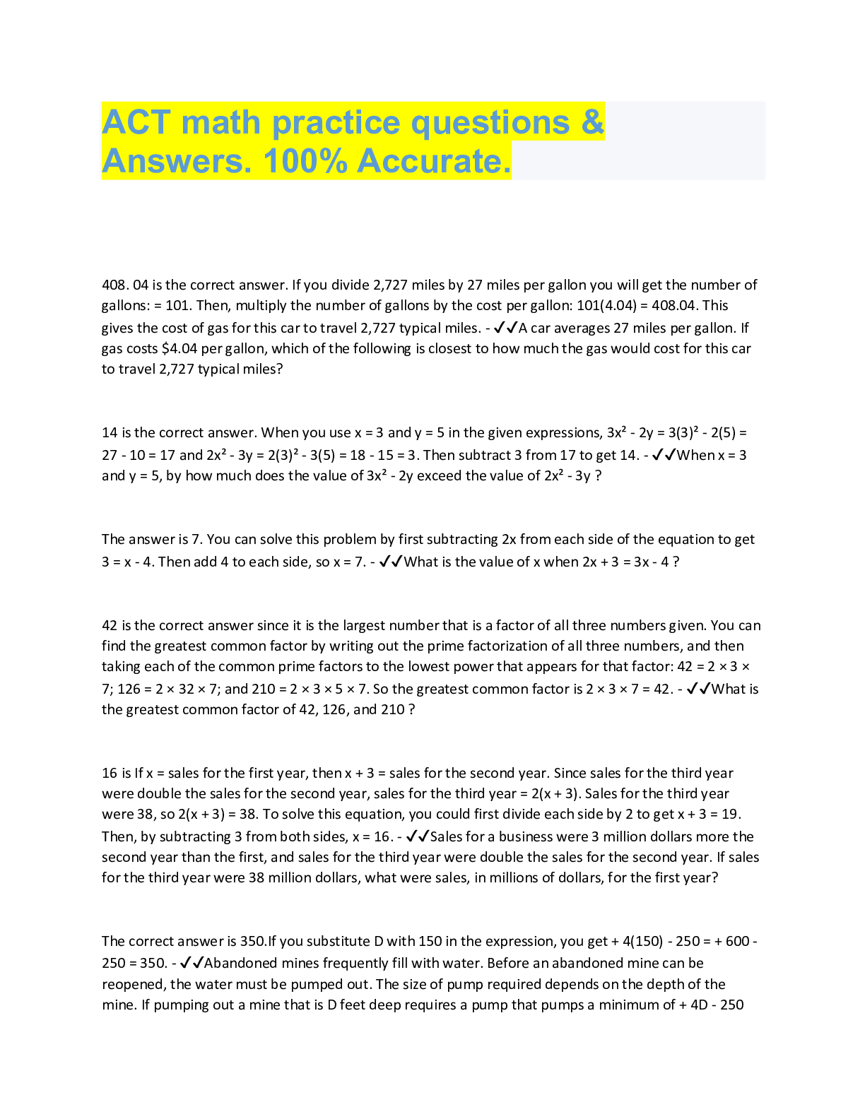 ACT math practice questions and answers 2022 - Scholarfriends