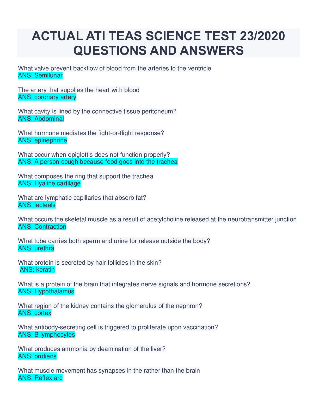 ACTUAL ATI TEAS SCIENCE TEST 23/2020 QUESTIONS AND ANSWERS - Scholarfriends