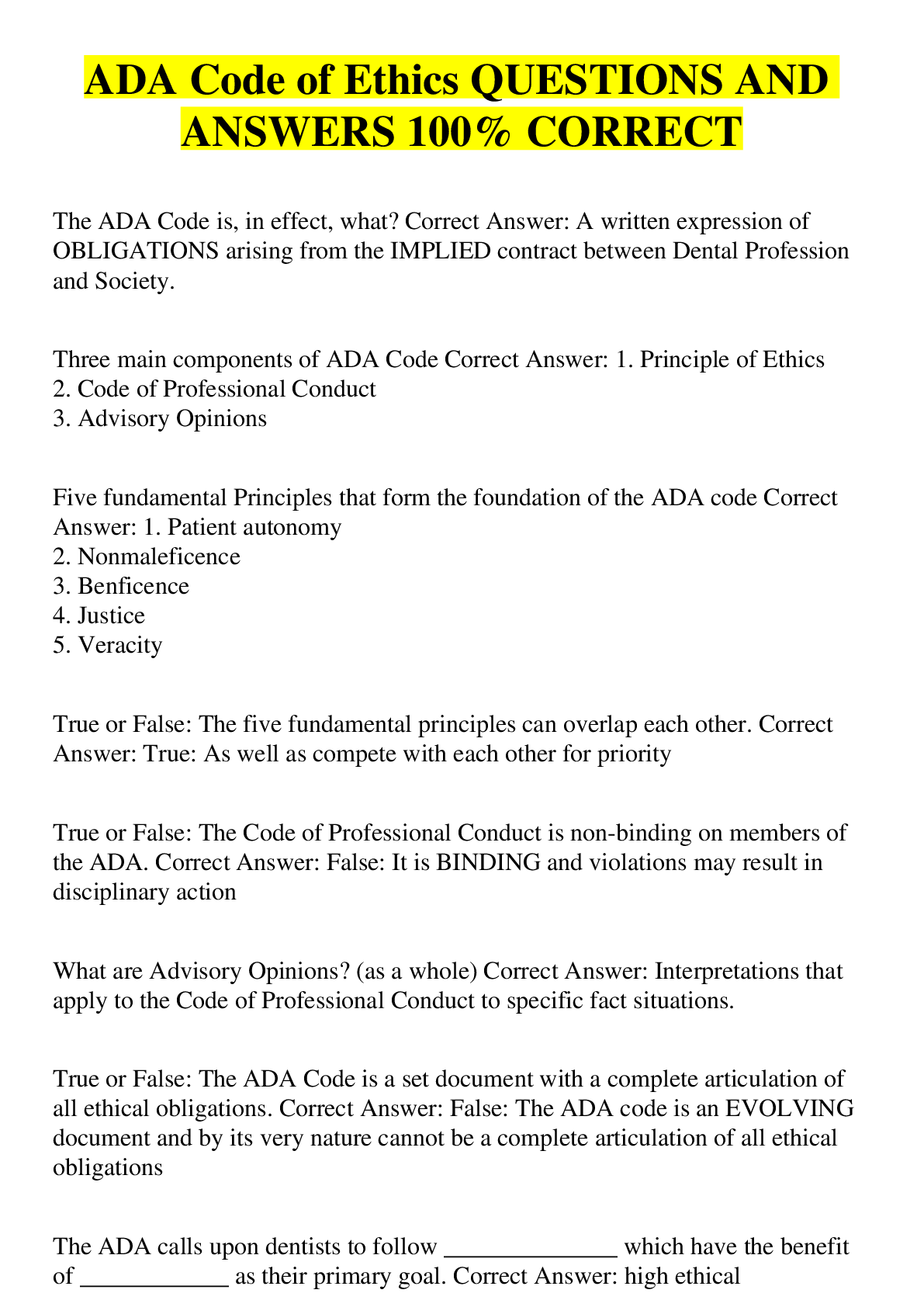 ADA Code of Ethics QUESTIONS AND ANSWERS 100% CORRECT - Scholarfriends