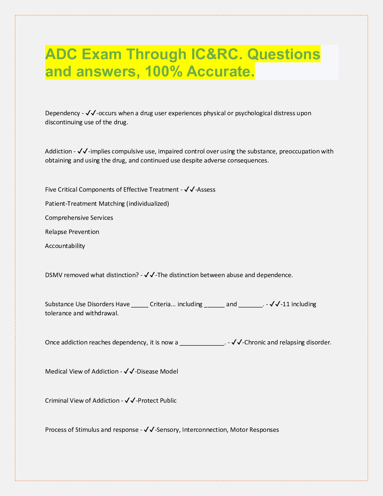 ADC Exam Through IC&RC. Questions and answers, 100% Accurate ...