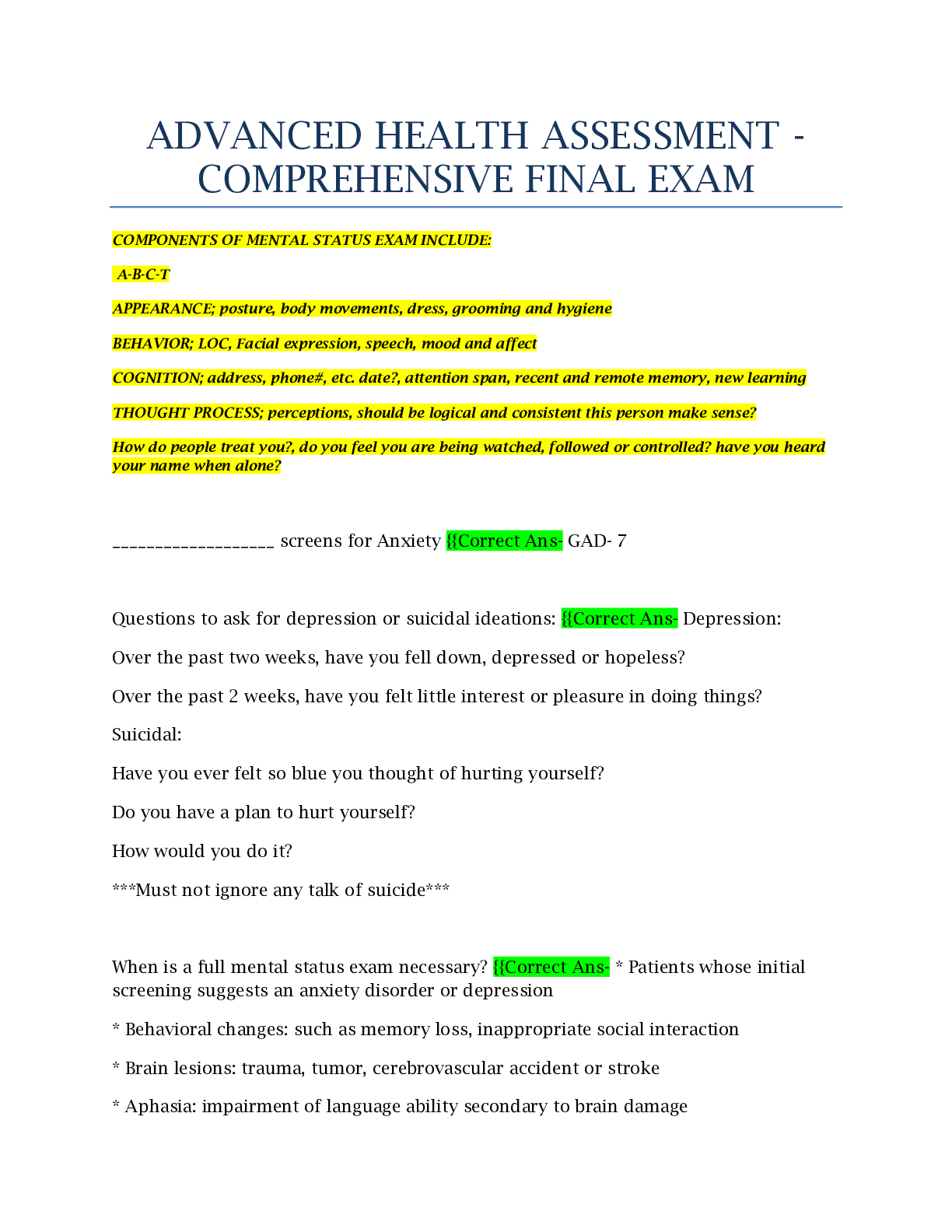 ADVANCED HEALTH ASSESSMENT - COMPREHENSIVE FINAL EXAM STUDY GUIDE 2023 ...