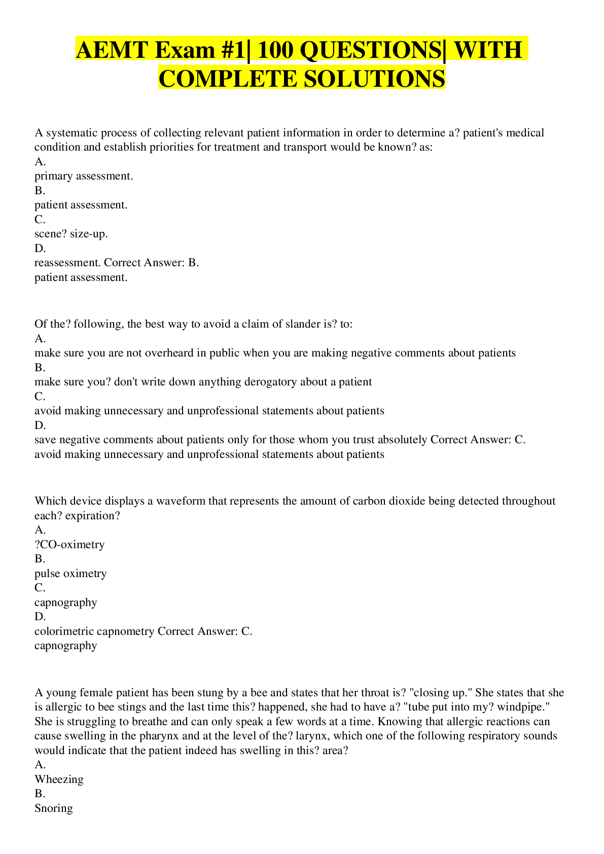 AEMT Exam #1| 100 QUESTIONS| WITH COMPLETE SOLUTIONS – Scholarfriends ...