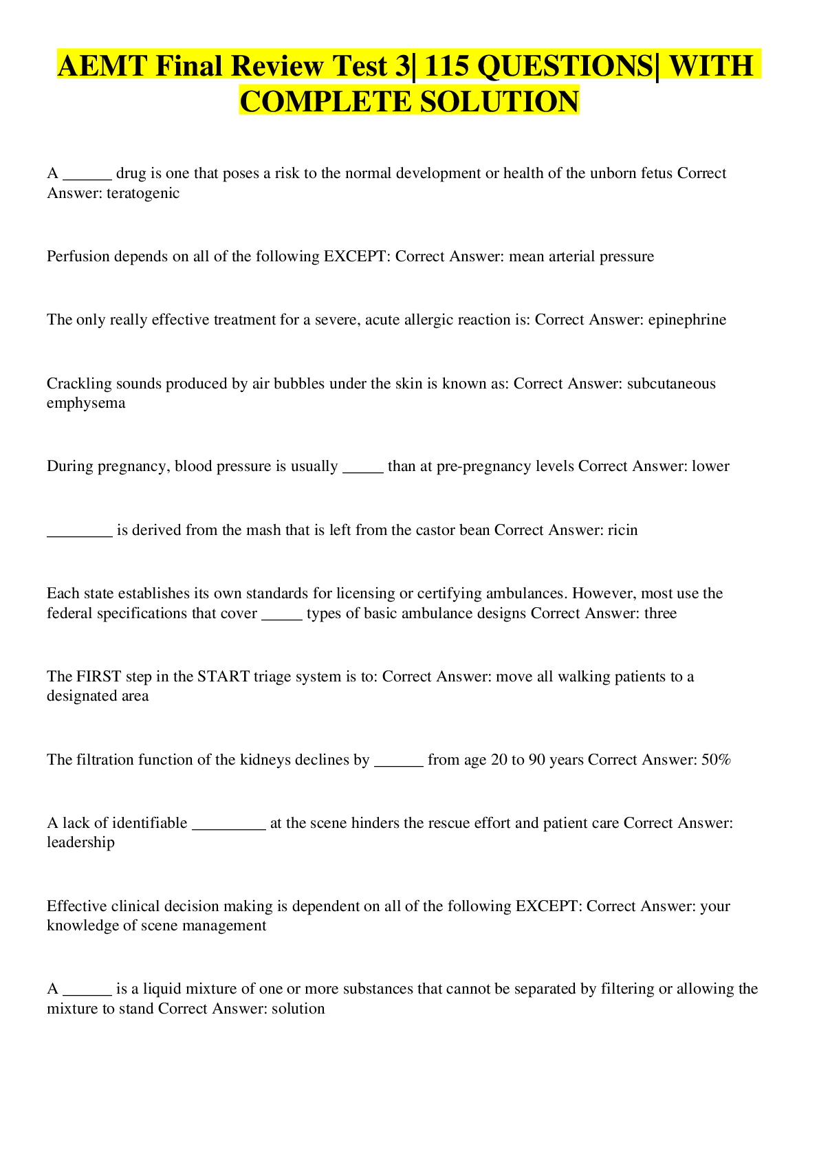 AEMT Final Review Test 3| 115 QUESTIONS| WITH COMPLETE SOLUTION ...