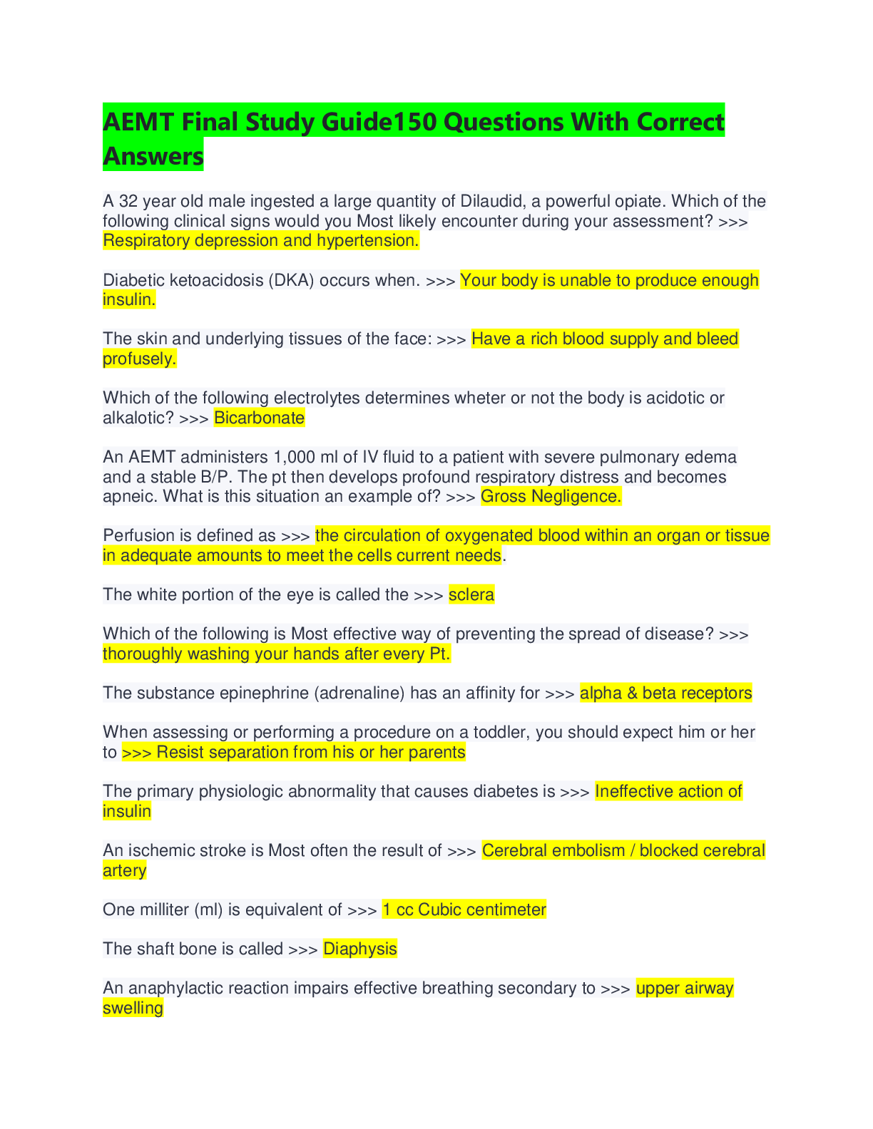 AEMT Final Study Guide150 Questions With Correct Answers - Scholarfriends