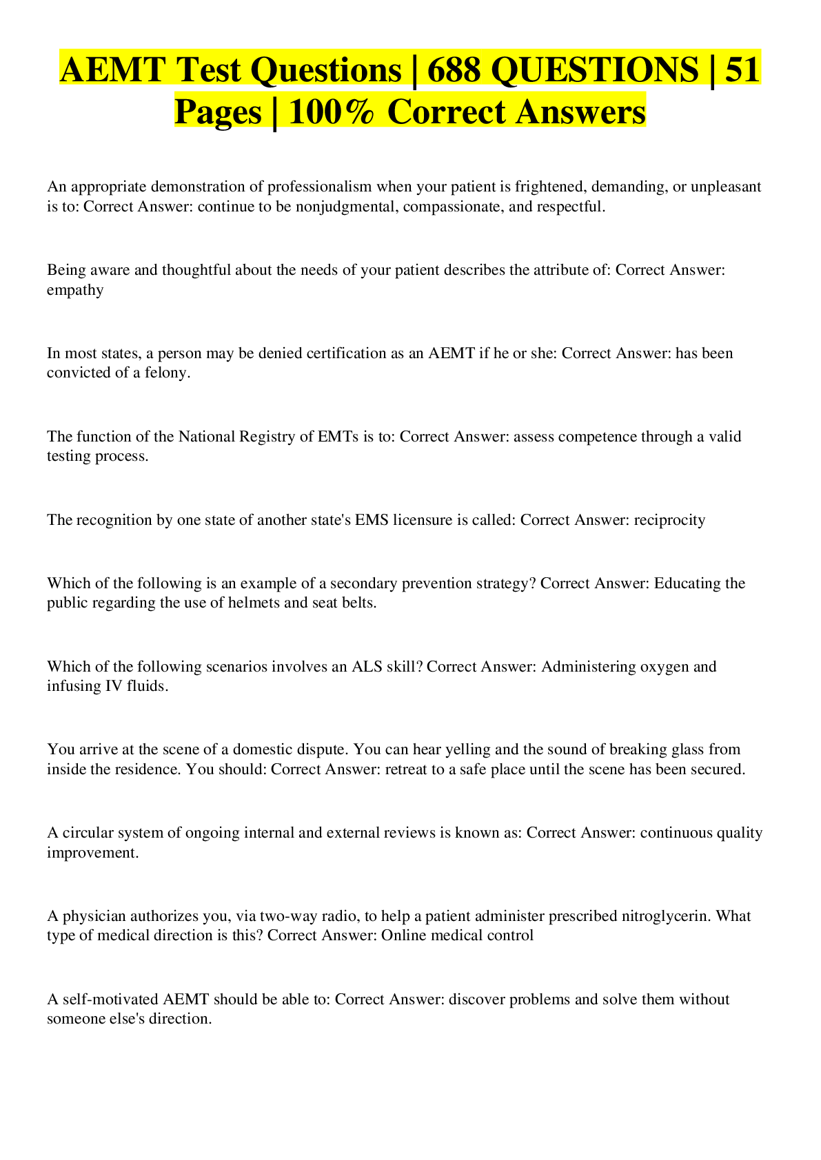 AEMT Exam #1| 100 QUESTIONS| WITH COMPLETE SOLUTIONS|AEMT National ...