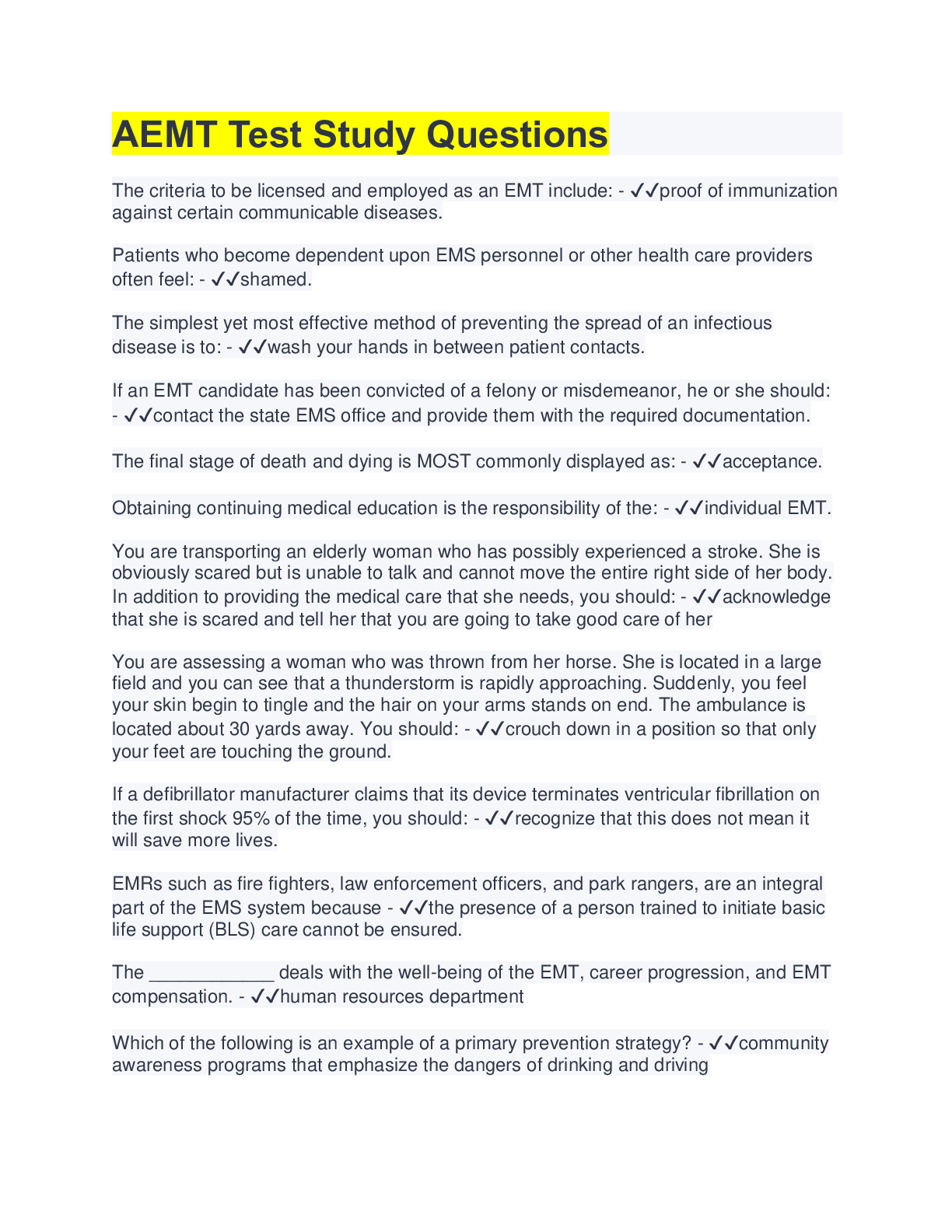 AEMT Test Study Questions | 185 Questions | 100% Correct Answers ...