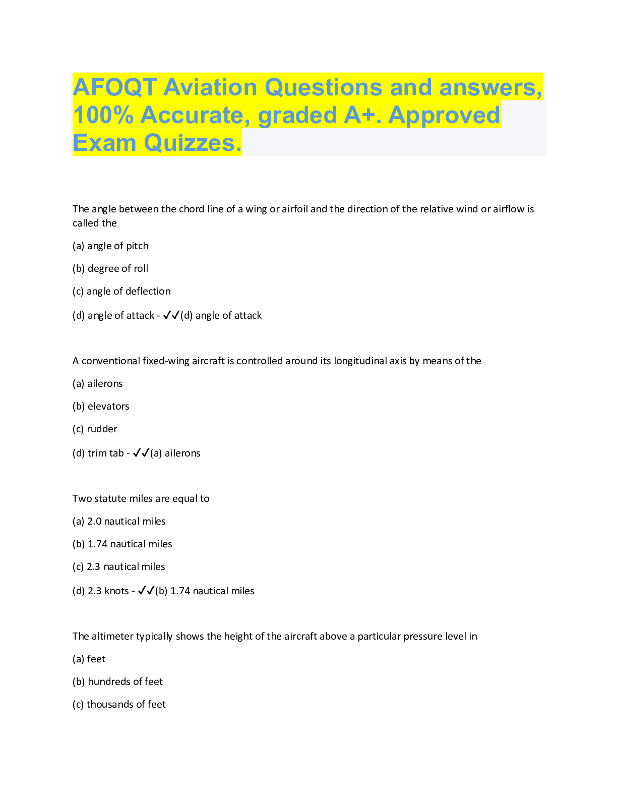 AFOQT Aviation Questions and answers, 100% Accurate, graded A+ ...