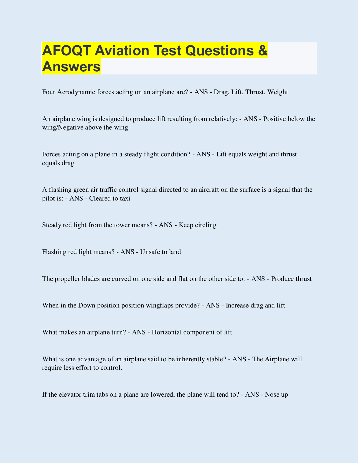 AFOQT Aviation Test Questions & Answers | 66 Questions with 100% ...