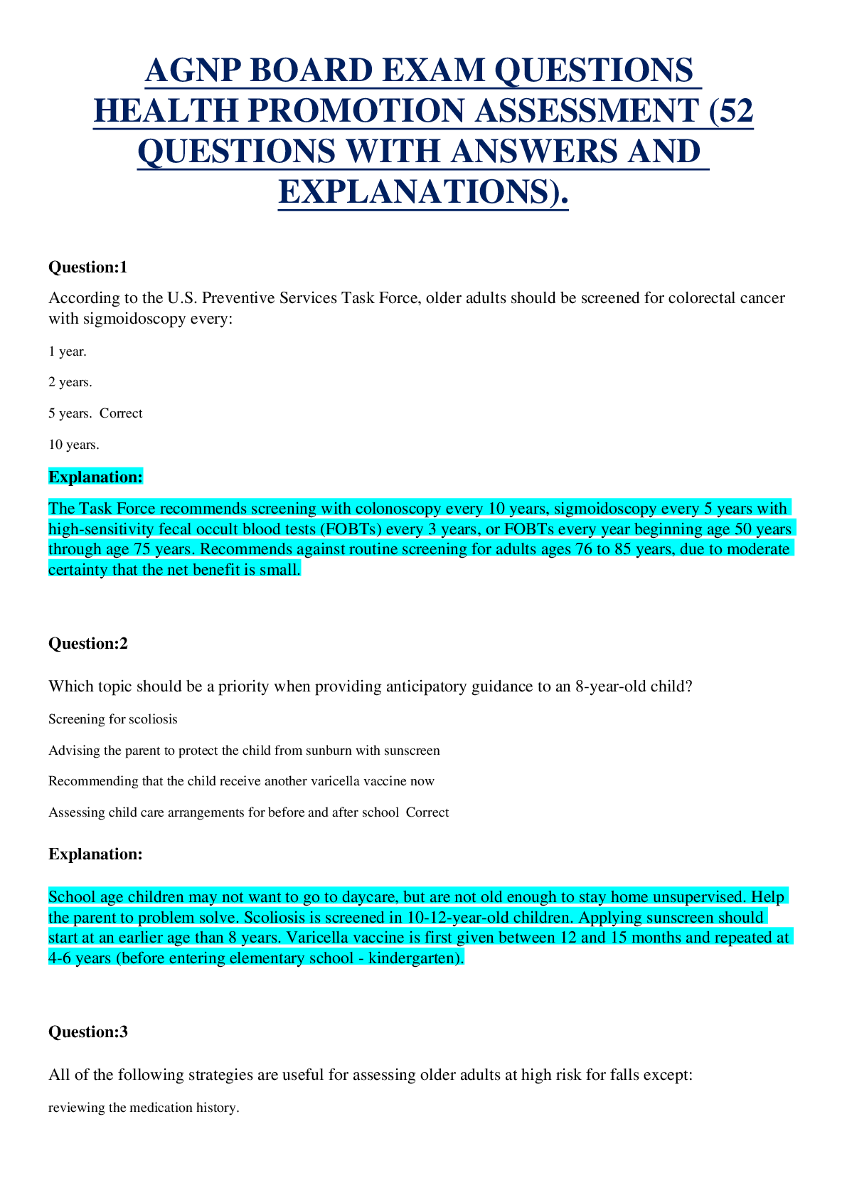 AGNP BOARD EXAM QUESTIONS HEALTH PROMOTION ASSESSMENT (52 QUESTIONS ...