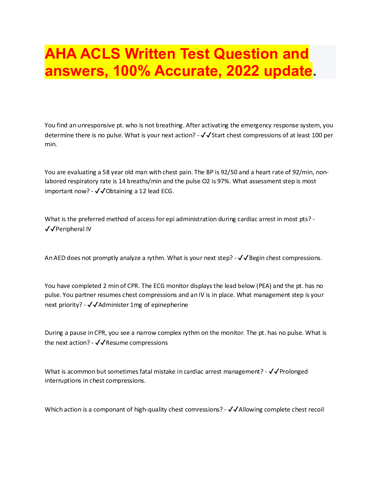 AHA ACLS Written Test Question and answers, 100% Accurate, 2022 update ...