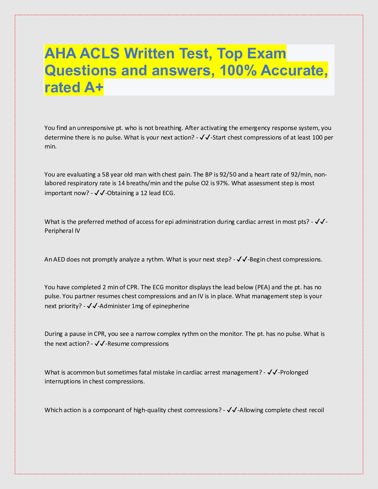 AHA ACLS Written Test Questions And Answers( With Complete Solution ...