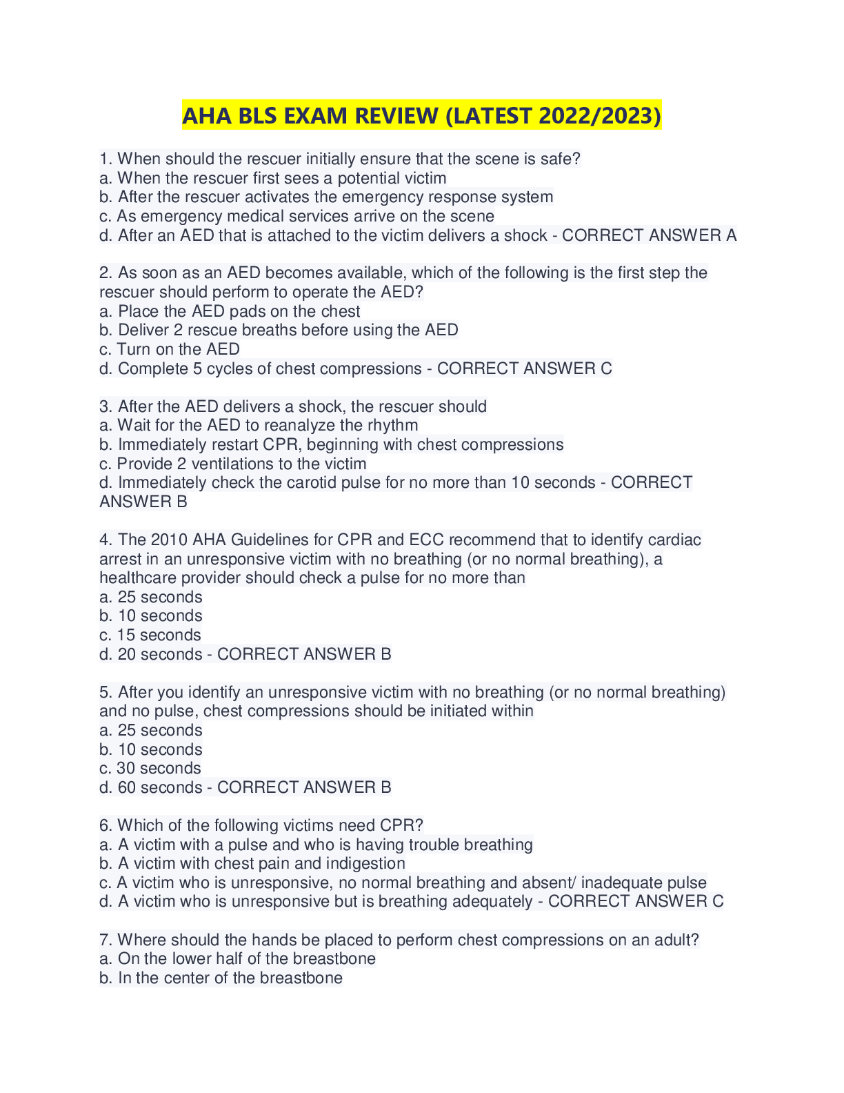 AHA BLS EXAM REVIEW (LATEST 2022/2023) - Scholarfriends