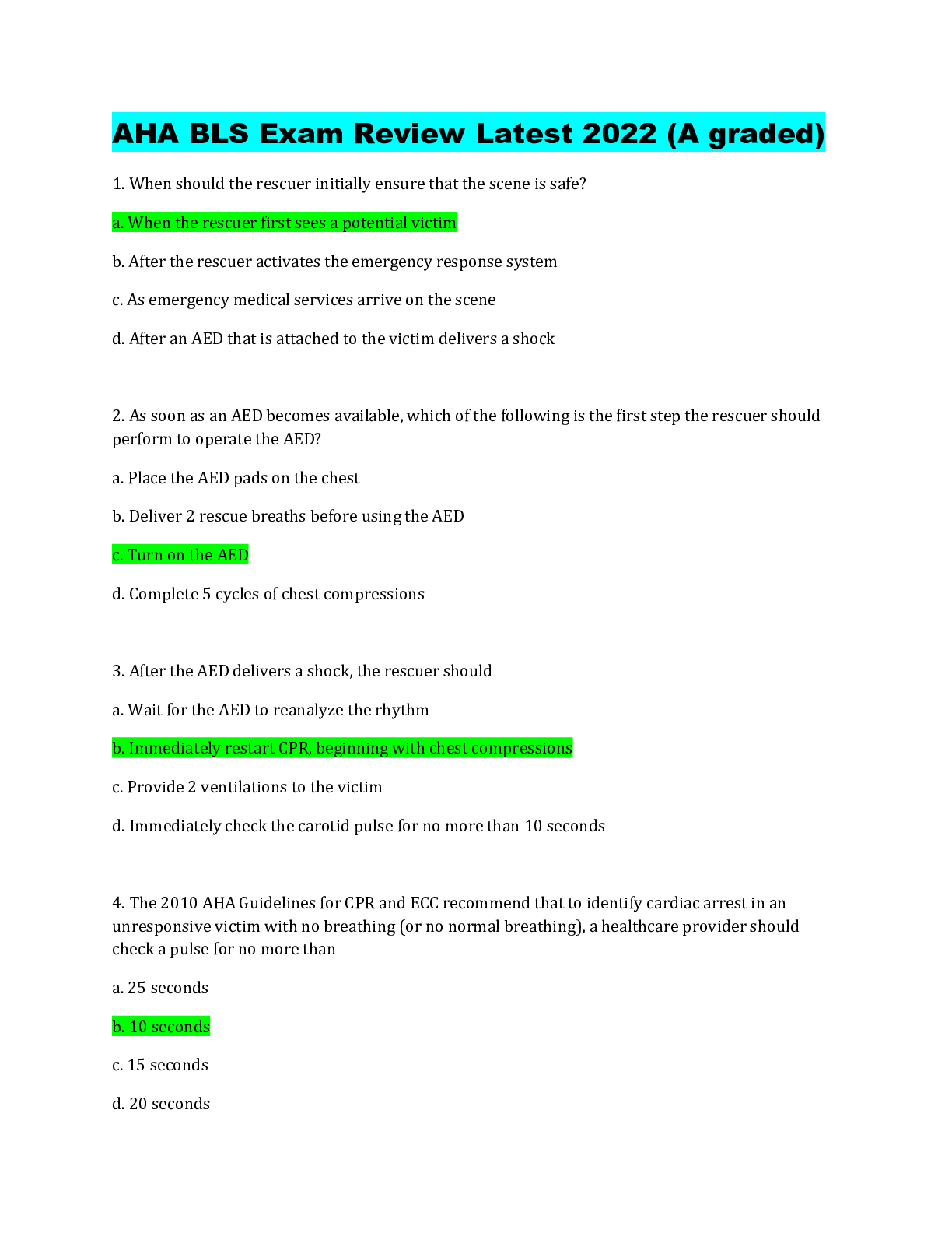 AHA BLS Exam Review Latest 2021/2022 Questions And Answers With ...