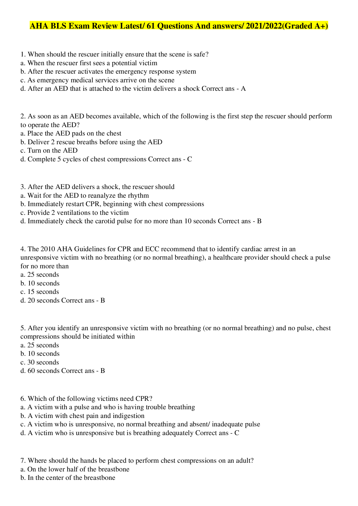 AHA BLS Exam Review Latest/ 61 Questions And answers/ 2021/2022(Graded ...