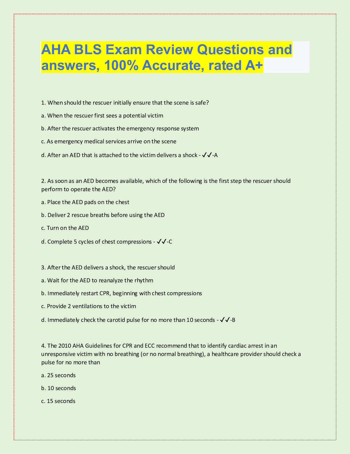 AHA BLS Exam Review Questions and answers, 100% Accurate, rated A+ ...