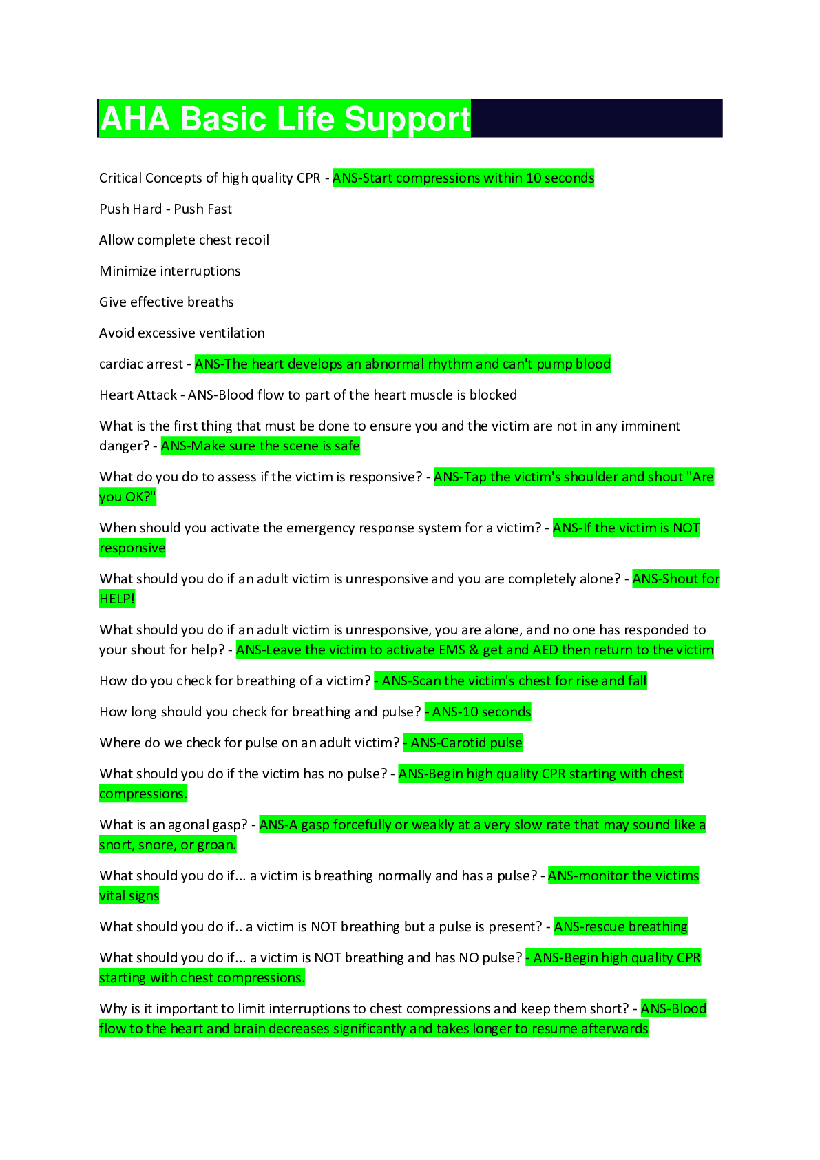 AHA Basic Life Support.CORRECT ANS100% - Scholarfriends