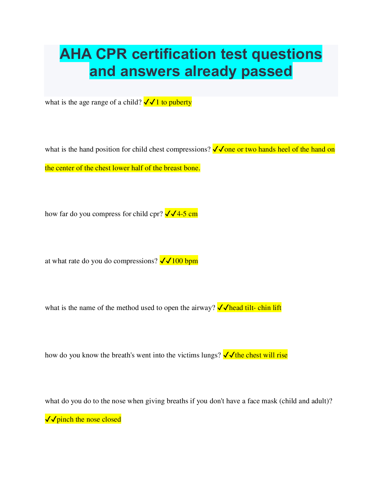 AHA CPR certification test questions and answers already passed ...