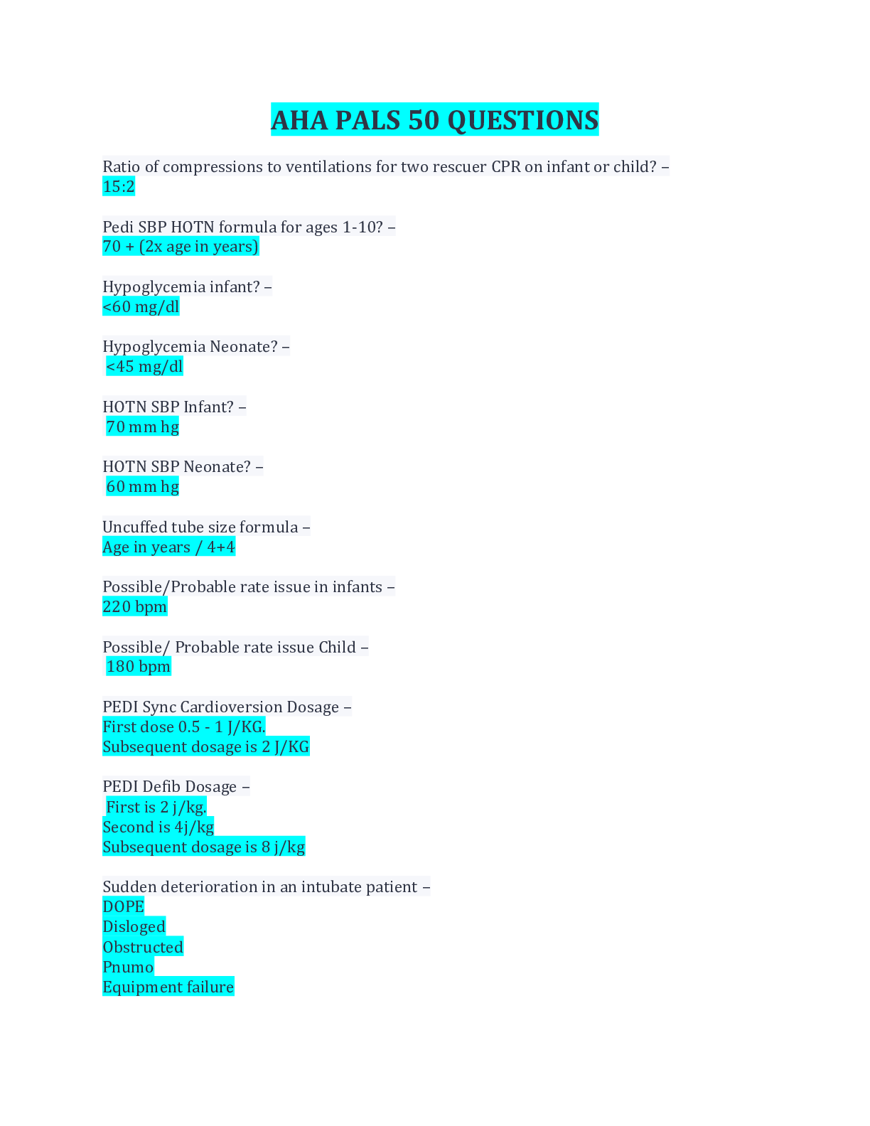 AHA PALS 50 QUESTIONS AND ANSWERS( COMPLETE SOLUTION; DWNLOAD TO SCORE ...