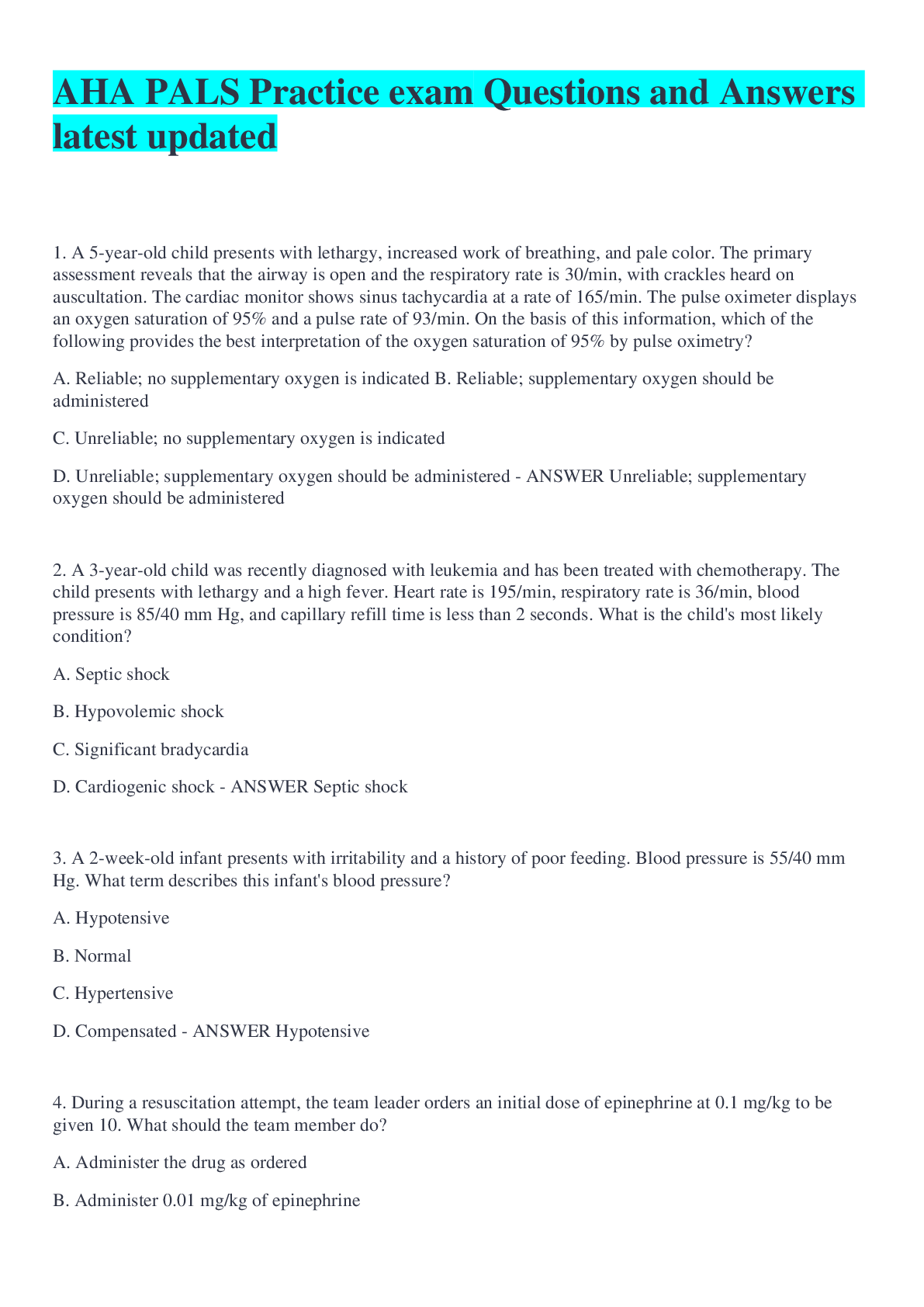 AHA PALS Practice exam Questions and Answers latest updated ...