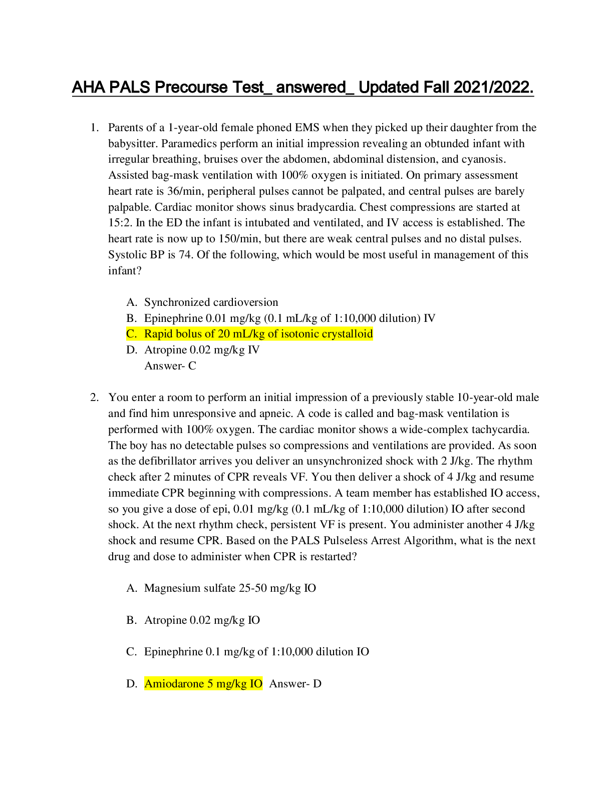 AHA PALS Pre-course Test_ answered_ Updated Fall 2025/2026_ Distinction ...