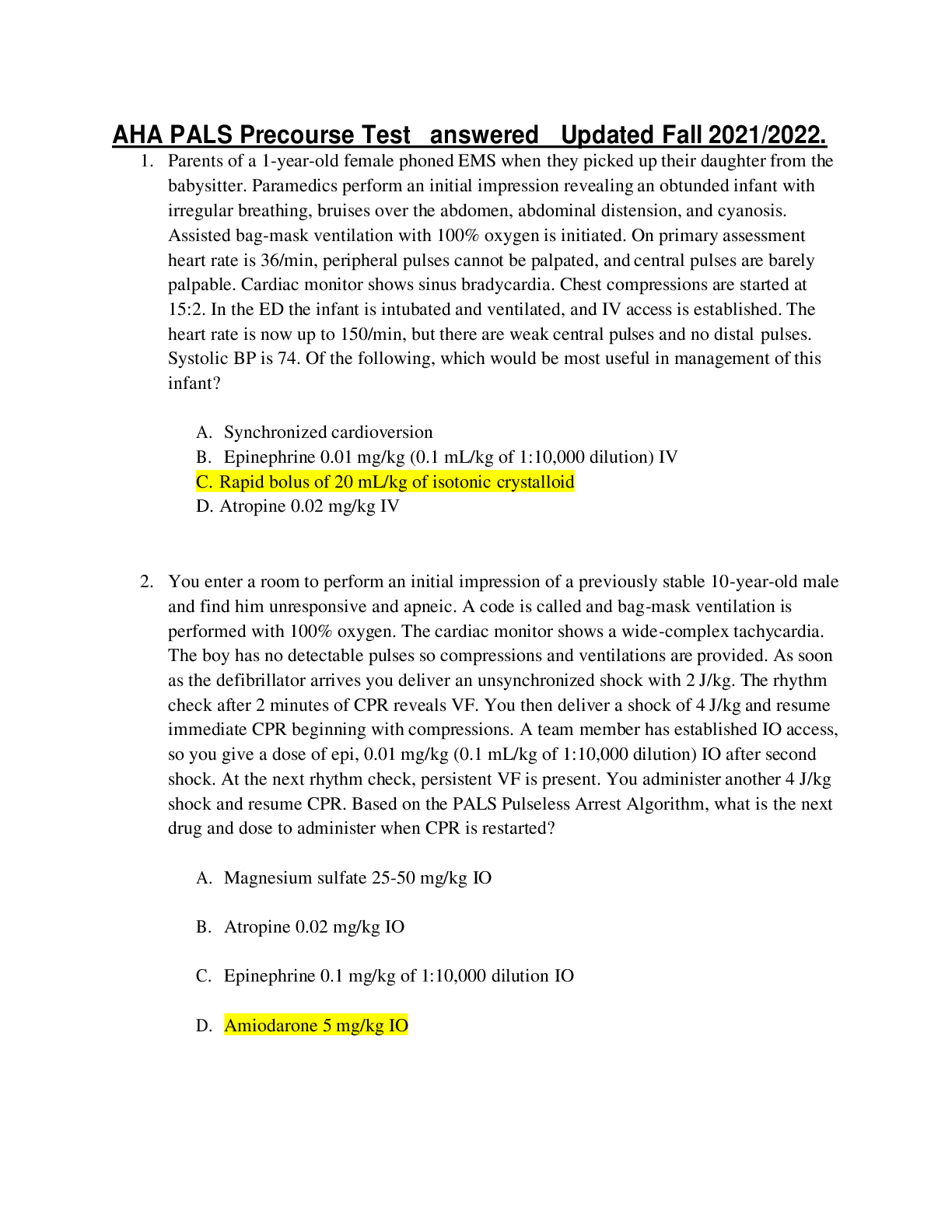 AHA PALS Precourse Test_ Questions only_ Updated Fall 2021/2022 ...