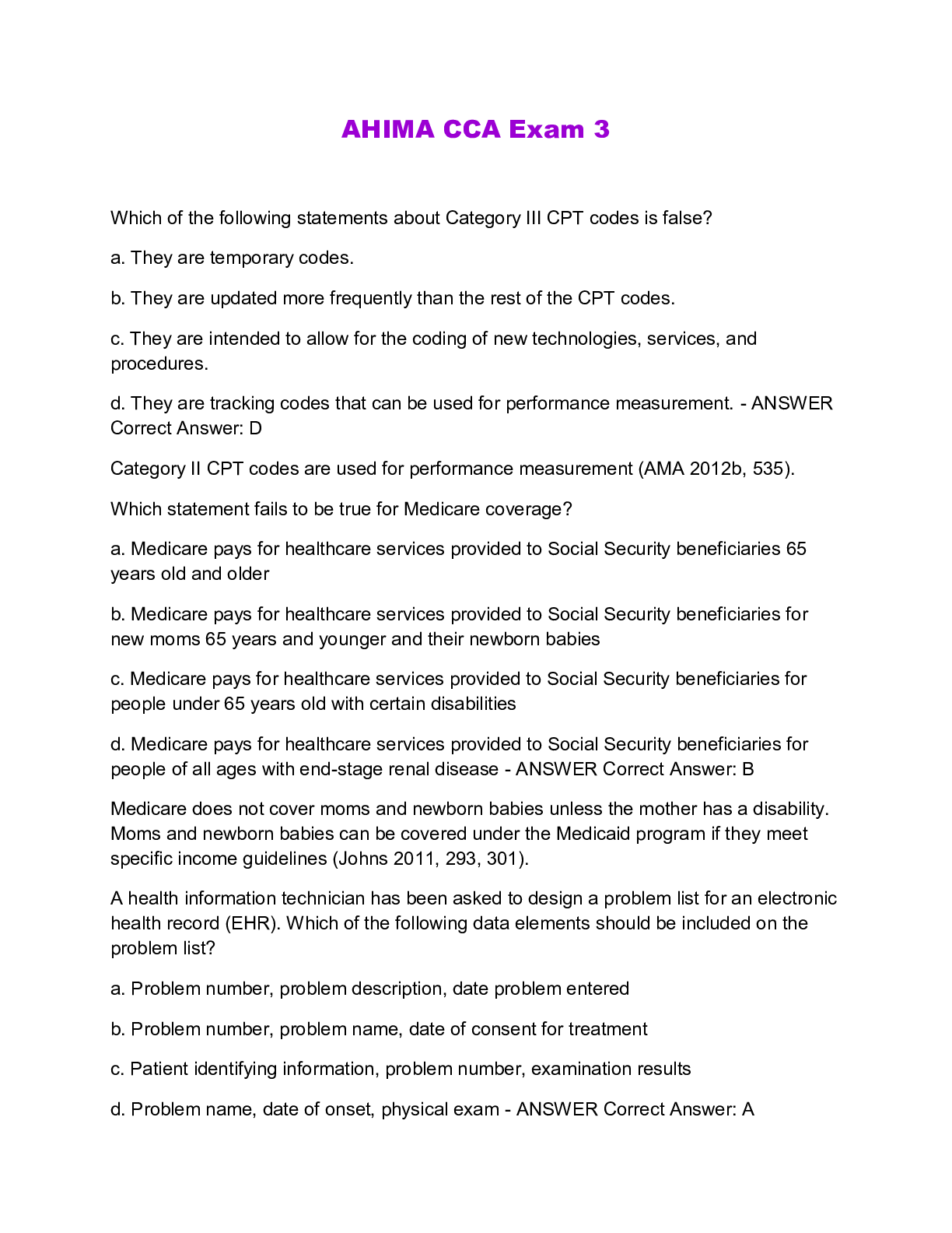 AHIMA CCA: Exam 3| 100 questions| with complete solutions - Scholarfriends