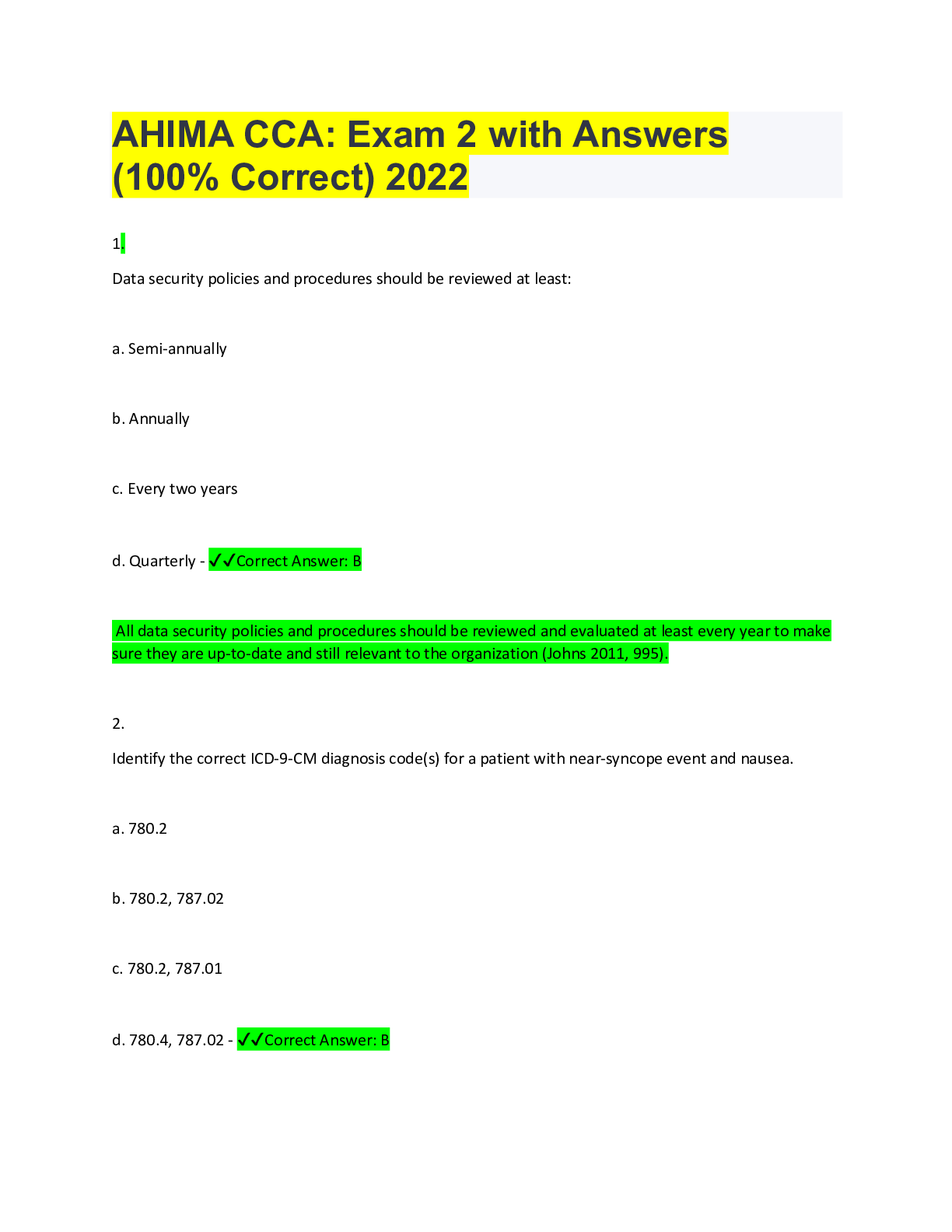 AHIMA CCA: Exam 2 with Answers (100% Correct) 2022 - Scholarfriends