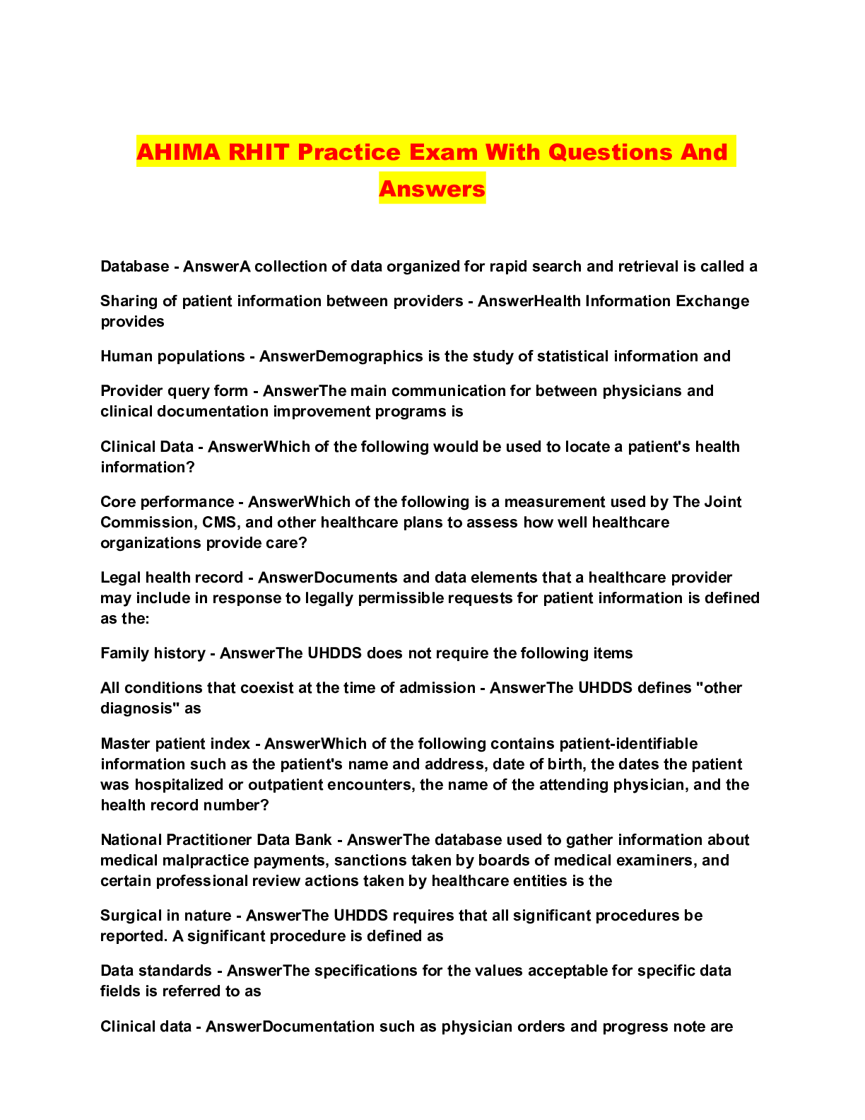 AHIMA RHIT Practice Exam With Questions And Answers - Scholarfriends
