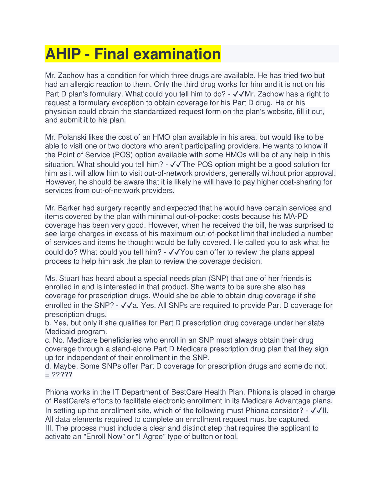 AHIP - Final examination Question And Answers 2022 - Scholarfriends