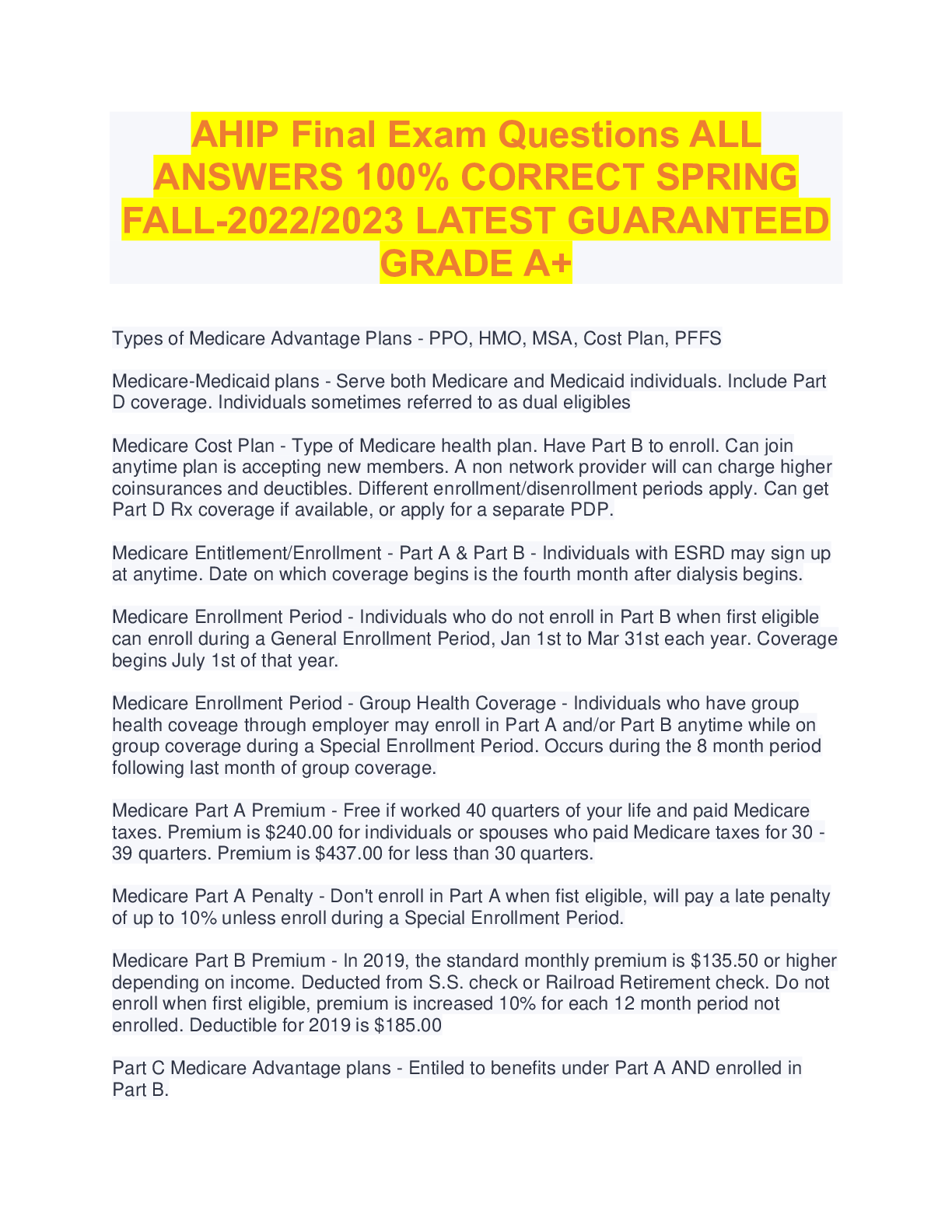AHIP Final Exam Questions ALL ANSWERS 100% CORRECT SPRING FALL-2022/ ...