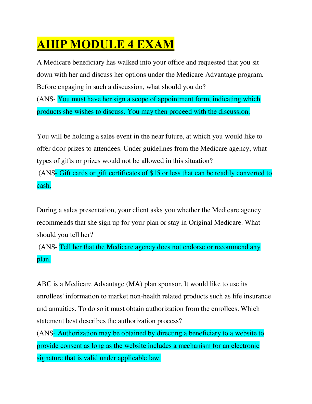 AHIP MODULE 4 EXAM/ Questions & Answers/ Updated/ Guaranteed A+ ...