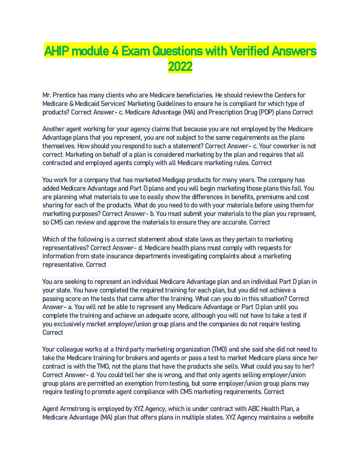 AHIP Module 2 Exam Questions with Verified Answers – Scholarfriends ...