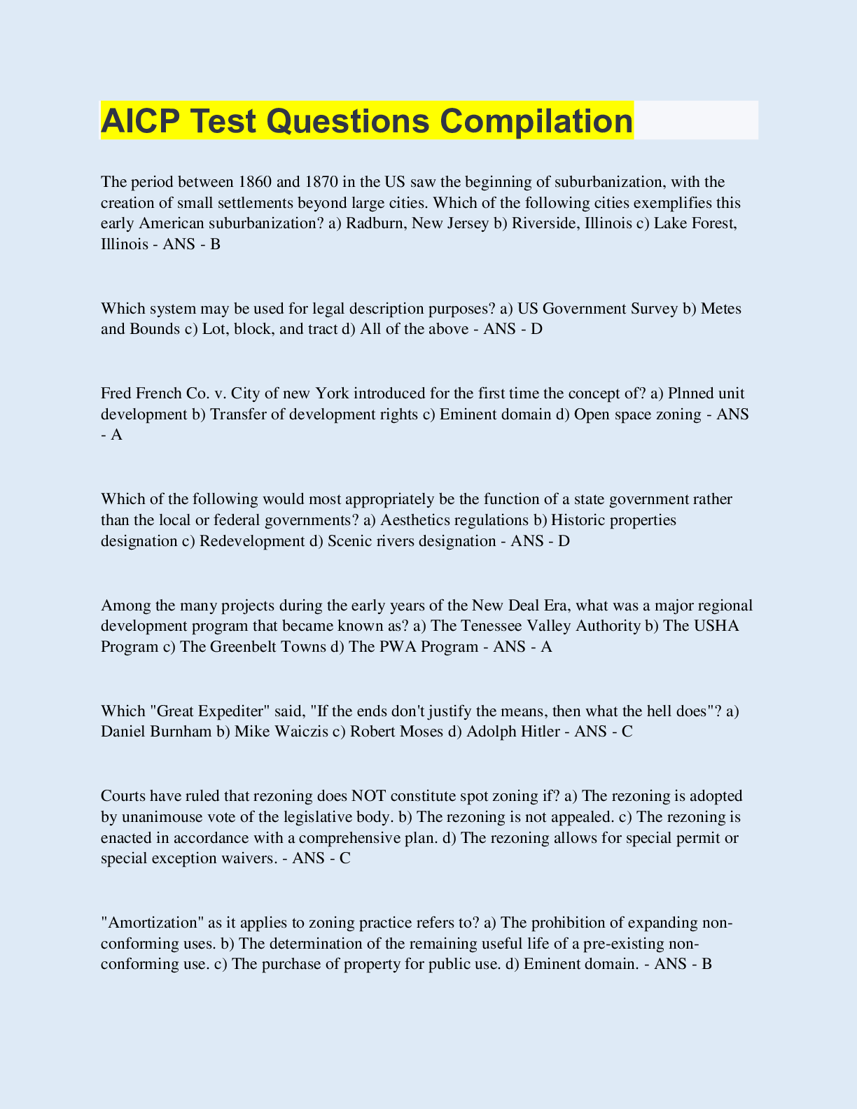 AICP Test Questions Compilation - Scholarfriends