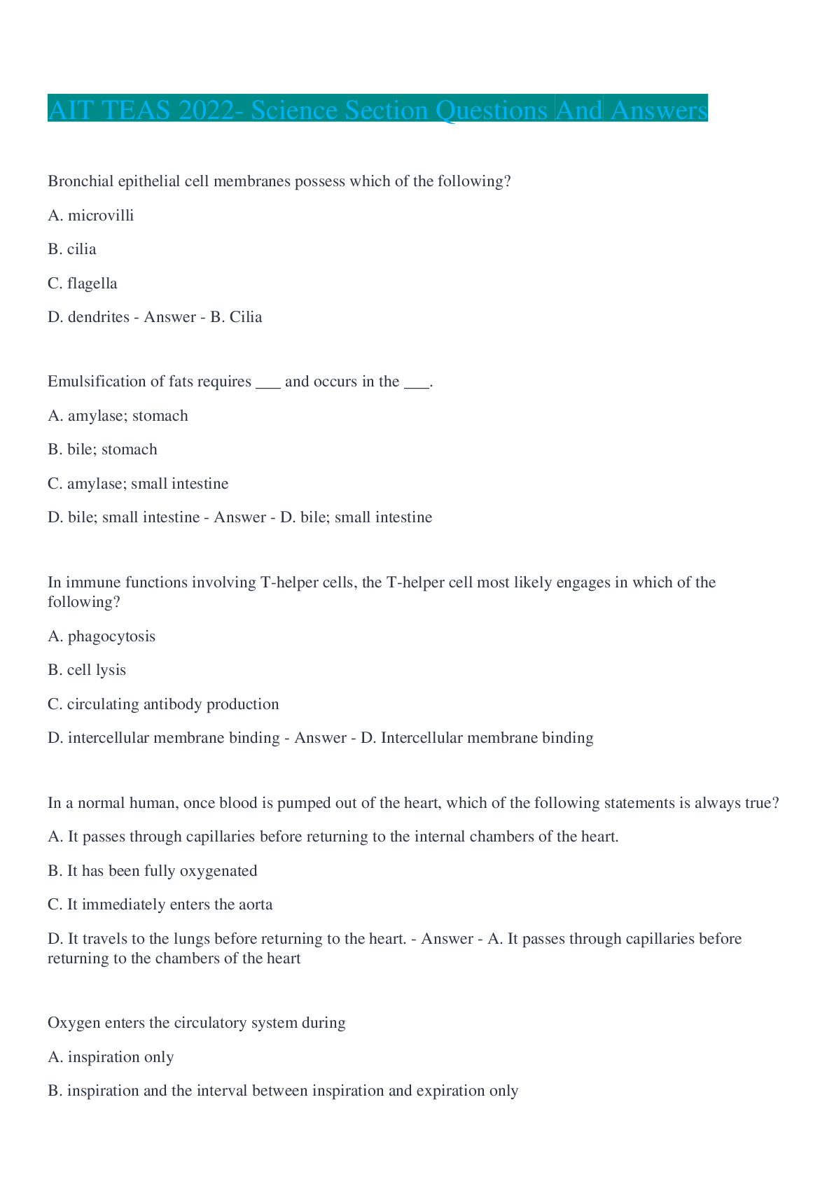 AIT TEAS 2022- Science Section Questions And Answers - Scholarfriends