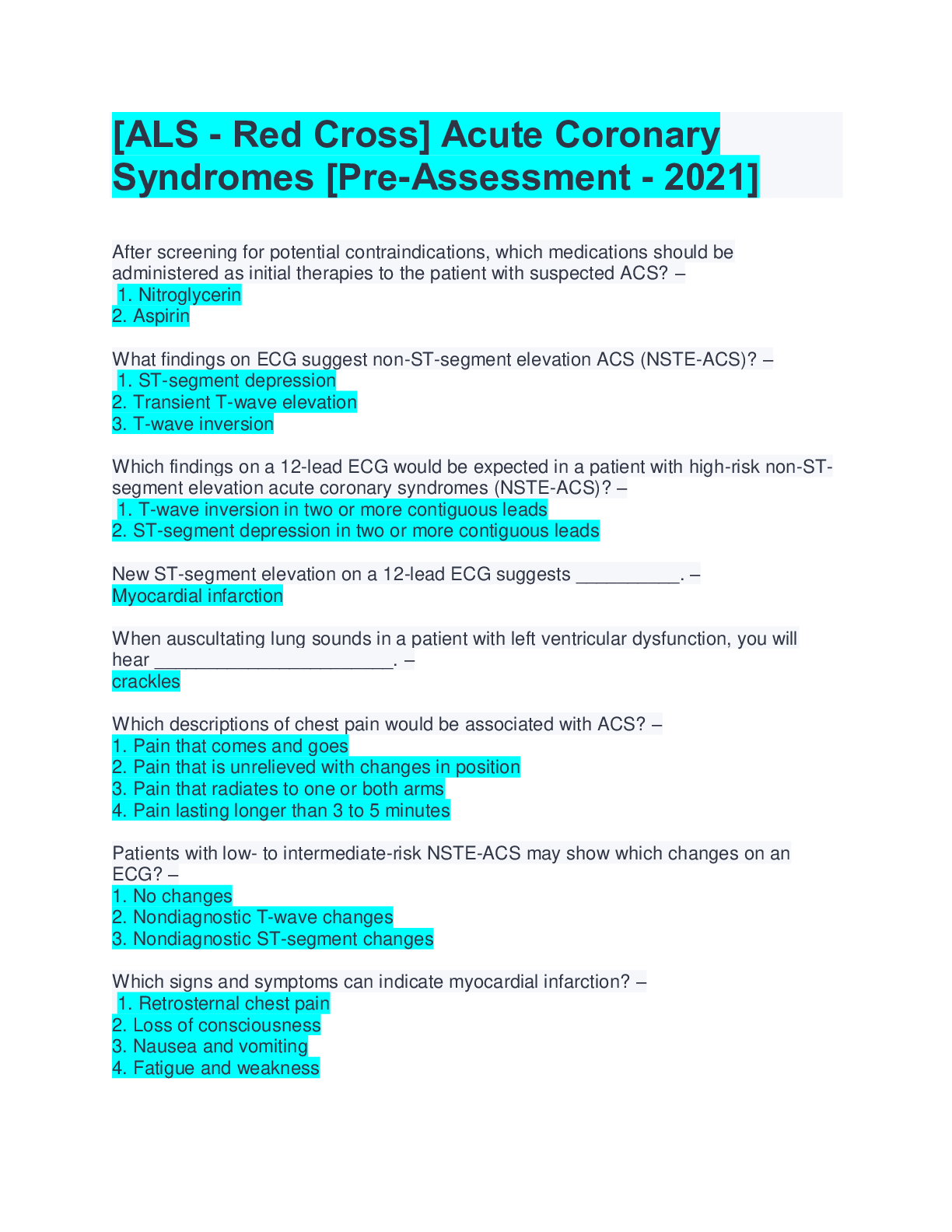 [ALS - Red Cross] Acute Coronary Syndromes [Pre-Assessment - 2021 ...