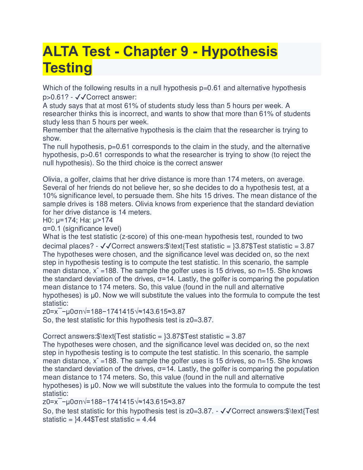 ALTA Test - Chapter 9 - Hypothesis Testing | 135 Questions | 100% ...