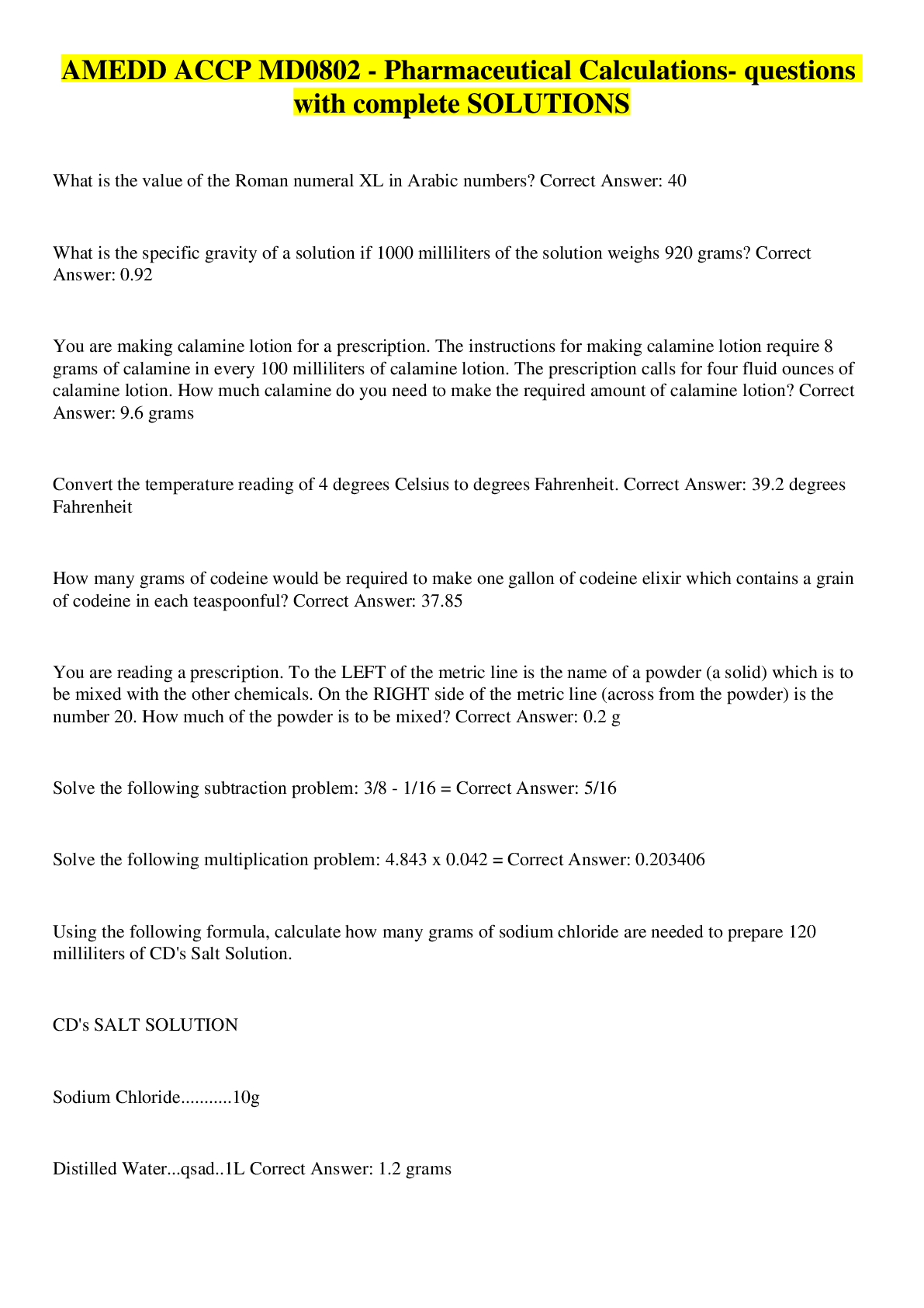 AMEDD ACCP MD0802 - Pharmaceutical Calculations- questions with ...