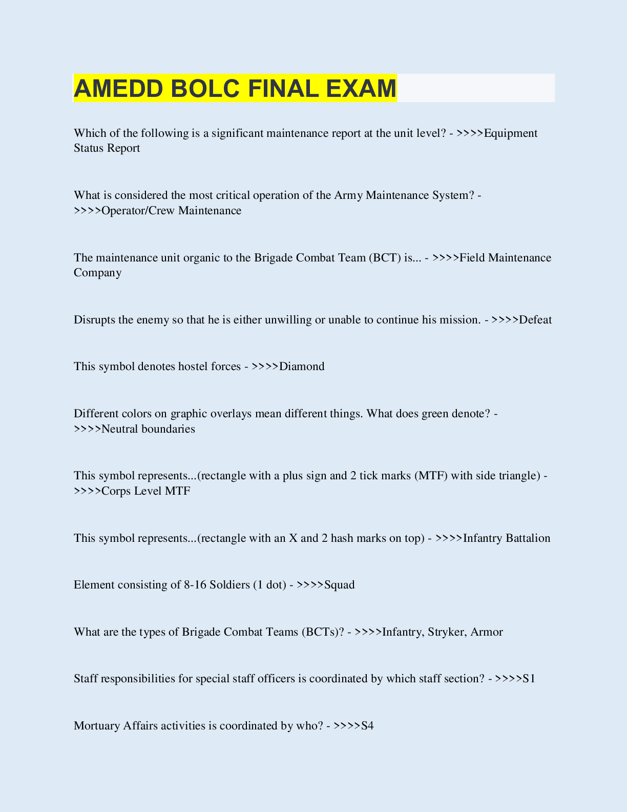 AMEDD BOLC FINAL EXAM | 50 Questions with 100% Correct Answers | Upd ...