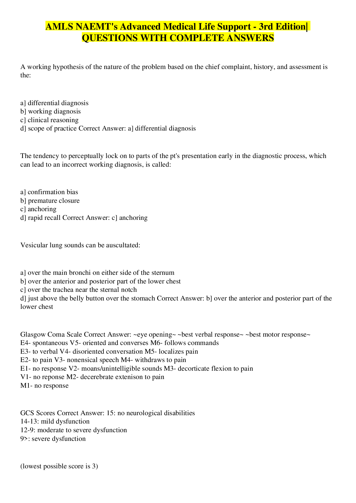 AMLS NAEMT's Advanced Medical Life Support - 3rd Edition| QUESTIONS ...