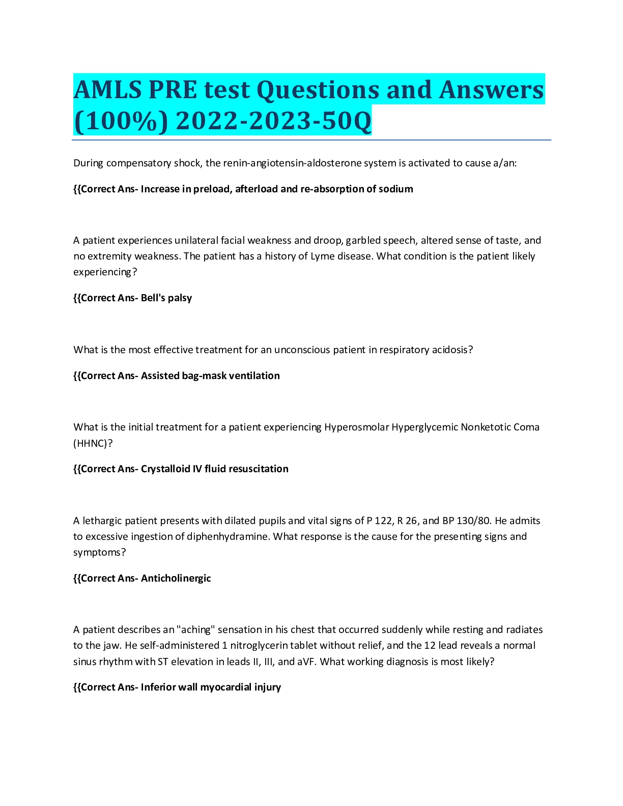 AMLS PRE test Questions and Answers (100%) 2021-2022-50Q ...