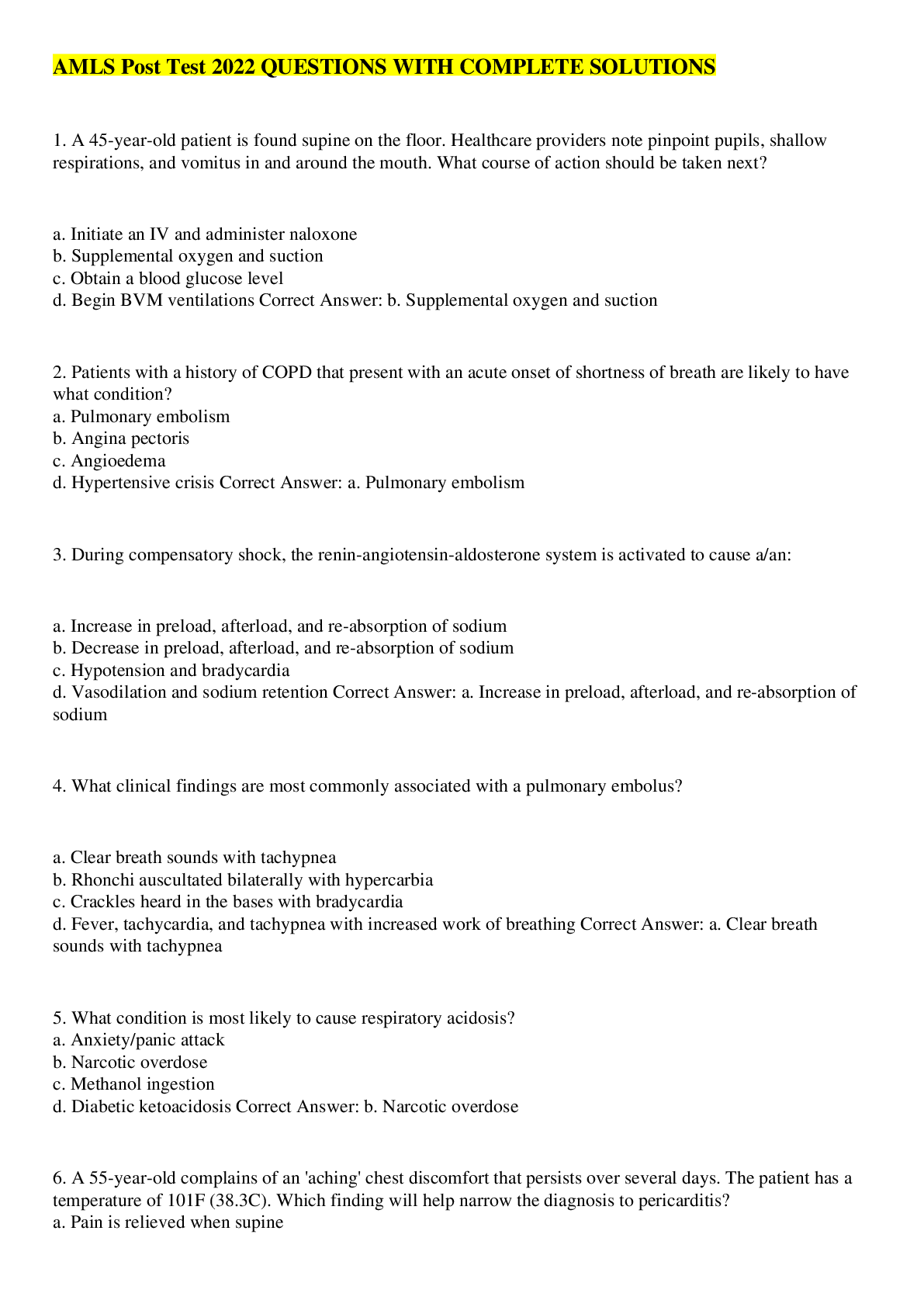 AMLS Post Test 2022 QUESTIONS WITH COMPLETE SOLUTIONS - Scholarfriends