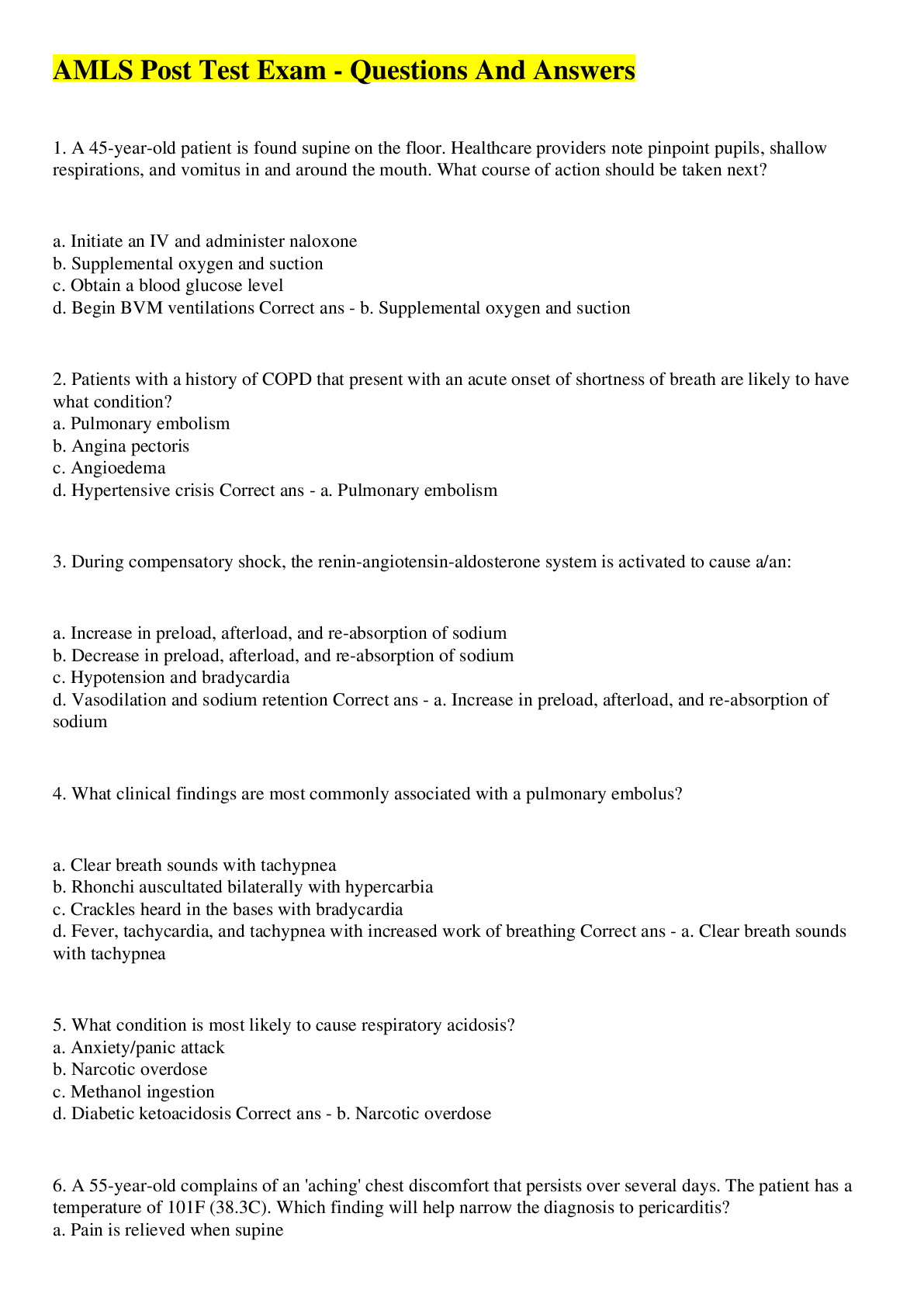 AMLS Post Test Exam - Questions And Answers - Scholarfriends