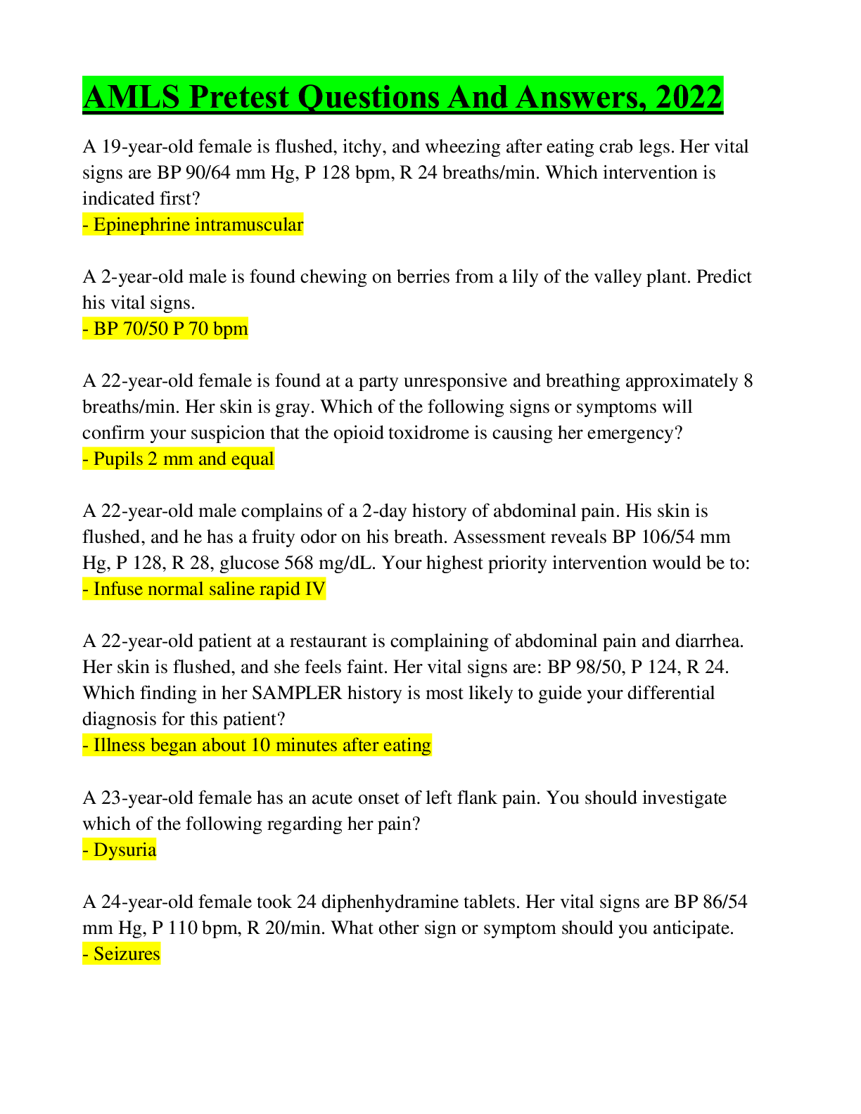 Advanced Medical Life Support ( AMLS), Pretest & post test Exams Study ...