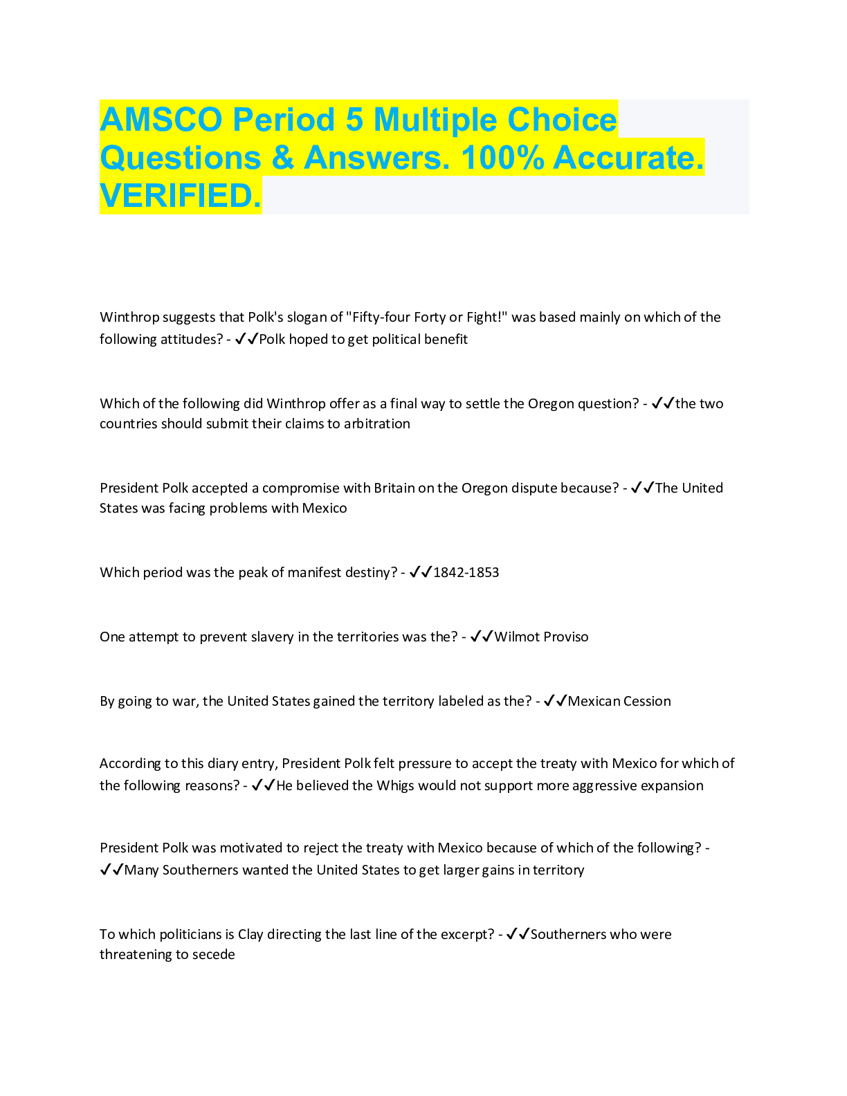 AMSCO Period 5 Multiple Choice Questions & Answers. 100% Accurate ...