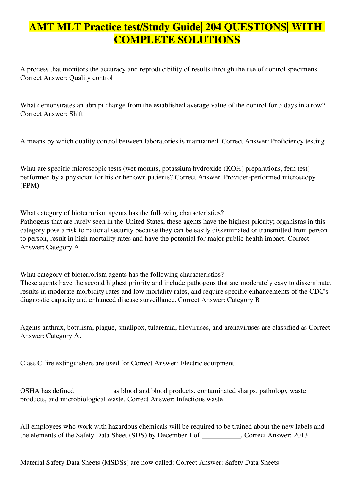 AMT MLT Practice test/Study Guide| 204 QUESTIONS| WITH COMPLETE ...