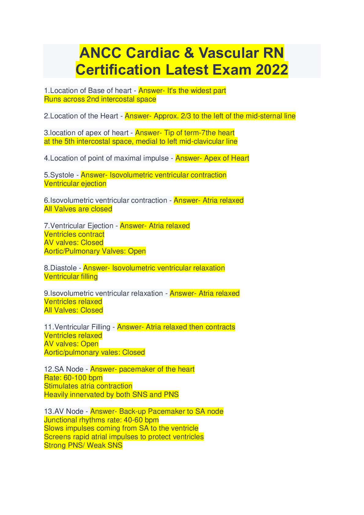 ANCC Cardiac & Vascular RN Certification Latest Exam 2022 ...